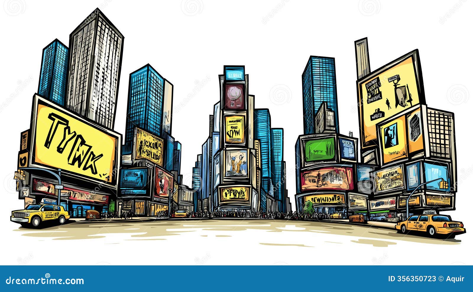 Vector Comic Hand-drawn Illustration of Times Square. Times Square in ...