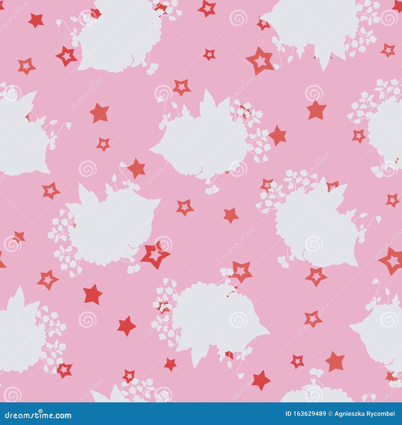 Vector Comics Roses with Stars on Pink Seamless Pattern Background ...