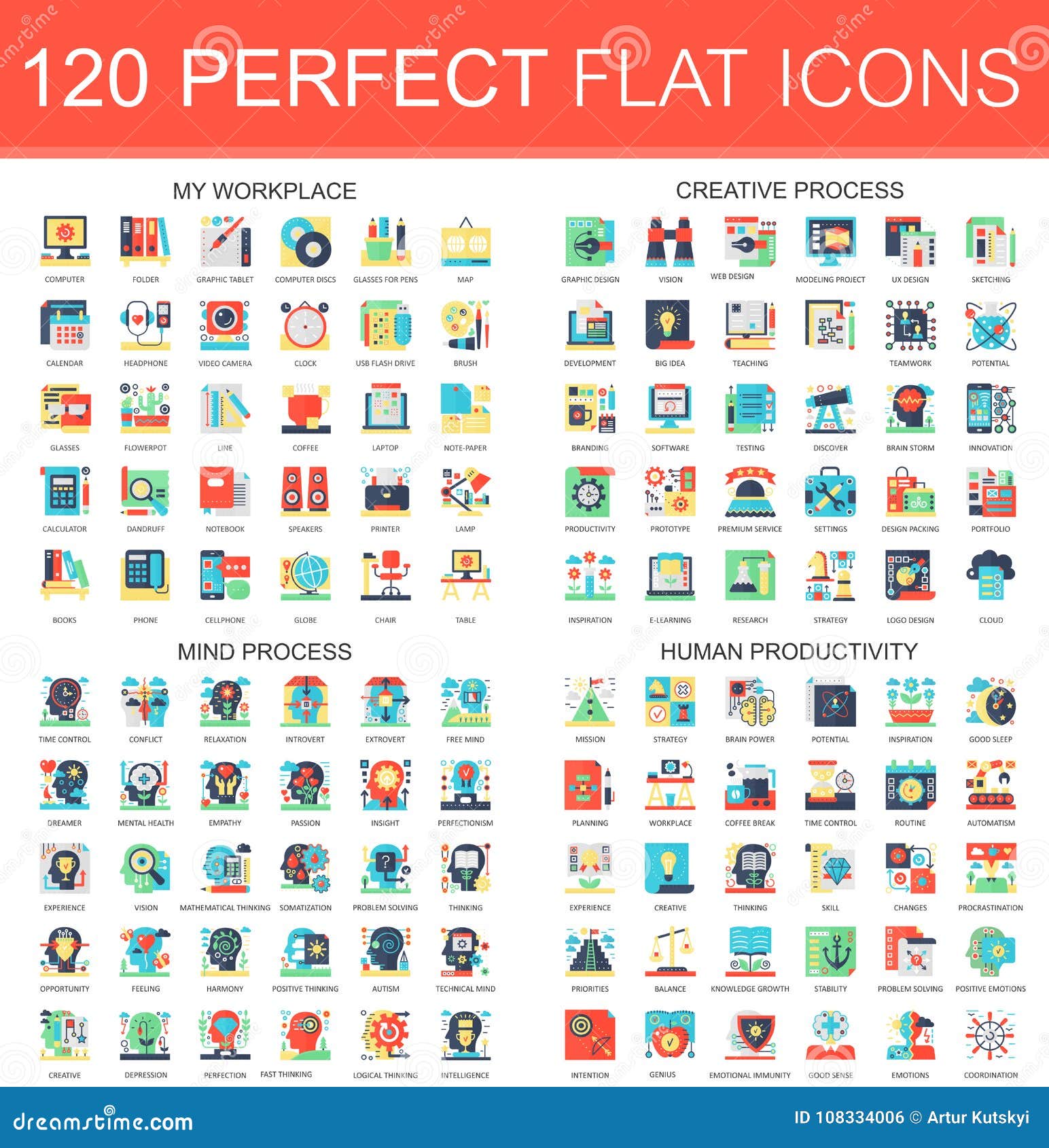 120 Vector Complex Flat Icons Concept Symbols Of My Workplace, Creative ...