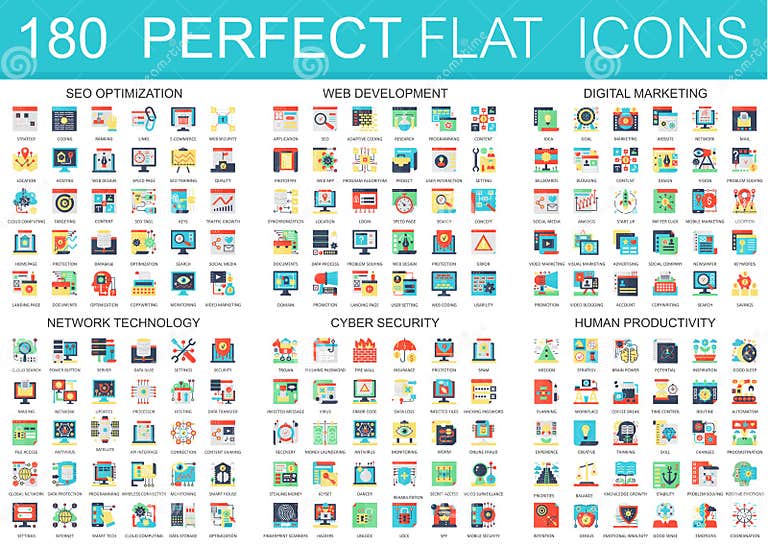 180 Vector Complex Flat Icons Concept Symbols of Seo Optimization, Web ...