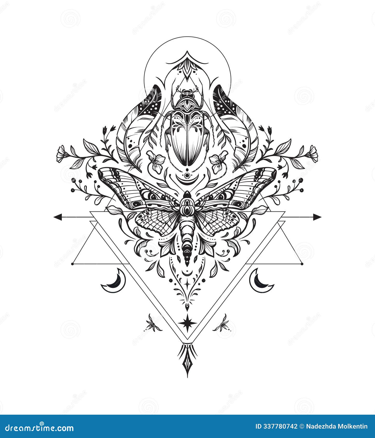 Vector Composition of Black and White Moth, Plants, Elements of ...