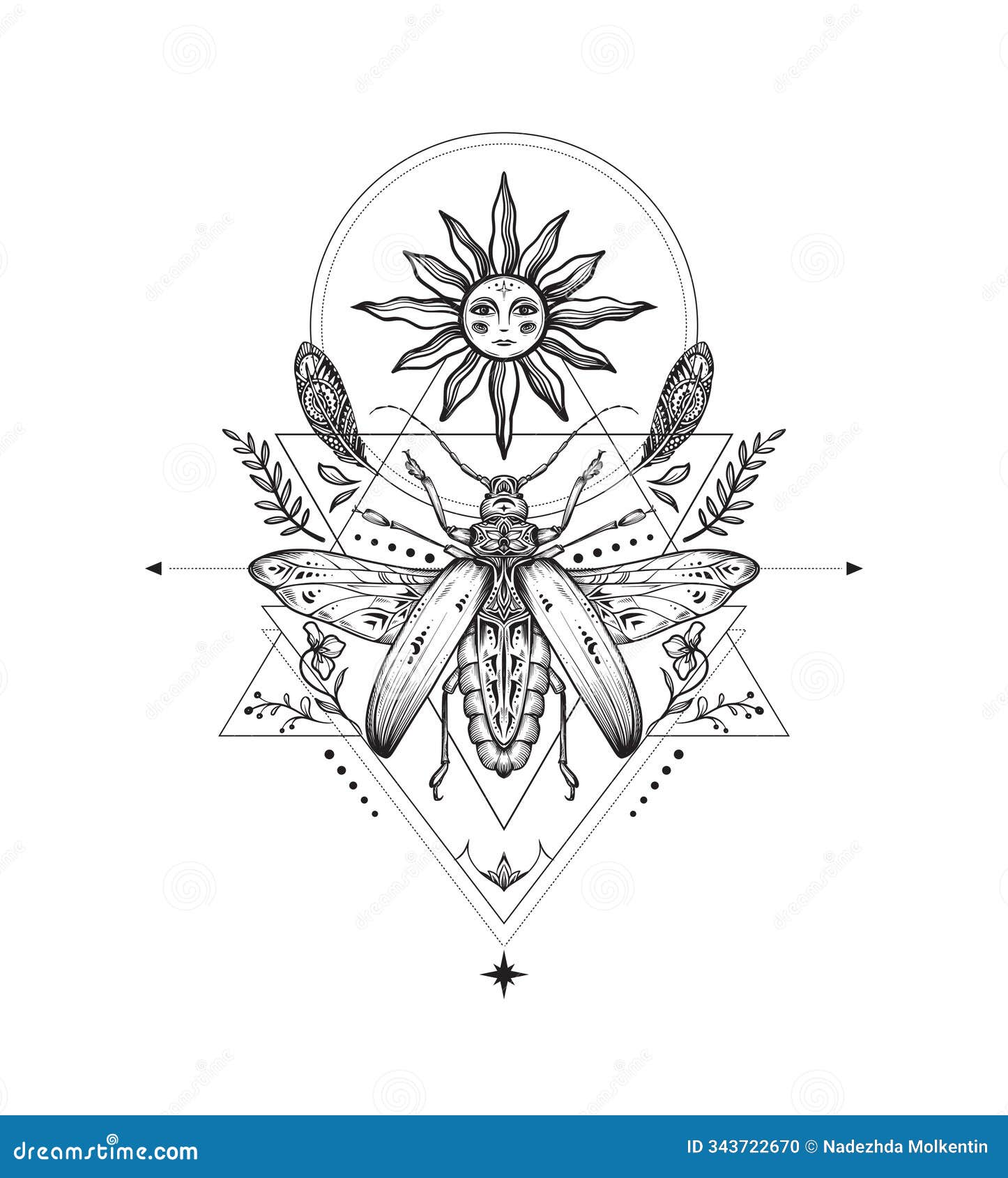 Vector Composition of Black and White Moth, Plants, Elements of ...
