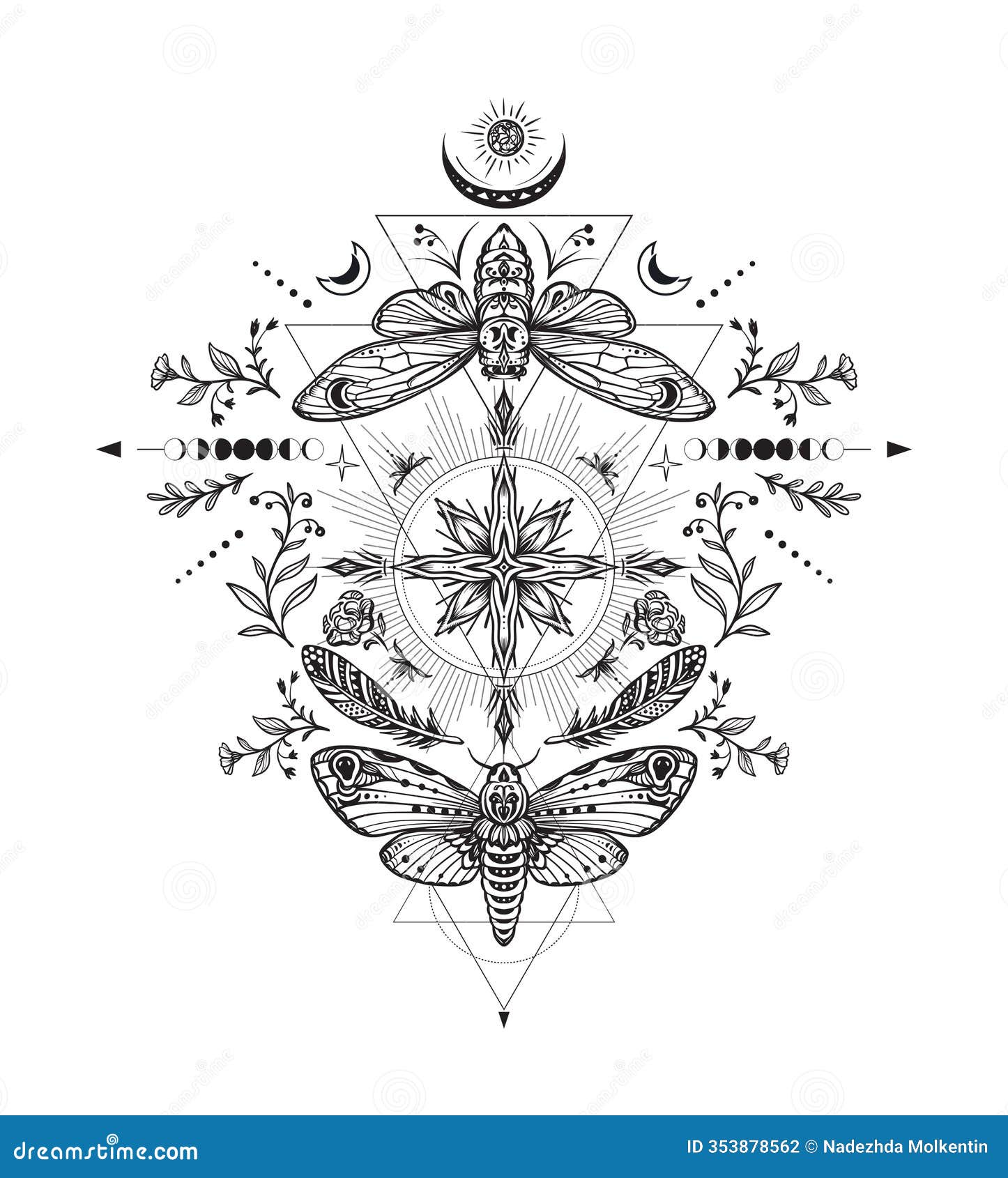 Vector Composition of Black and White Moth, Plants, Elements of ...