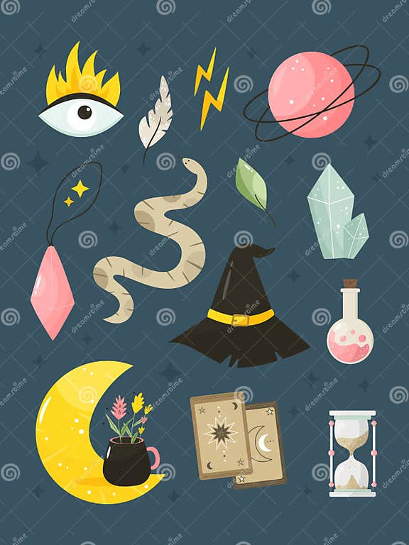 Vector Composition with Different Magic, Wizard Items, Icons, Tools ...
