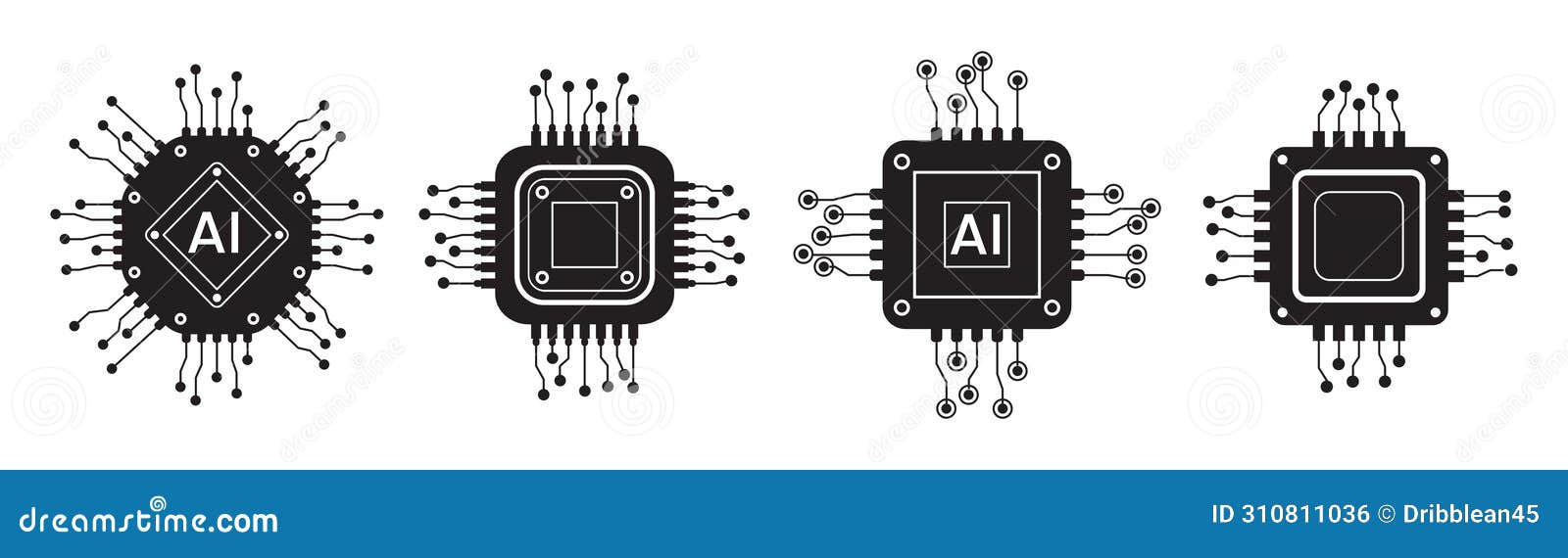 Vector Computer Electronic Chip Black Shapes AI Icons Set. Silhouette Microchip Processor ...