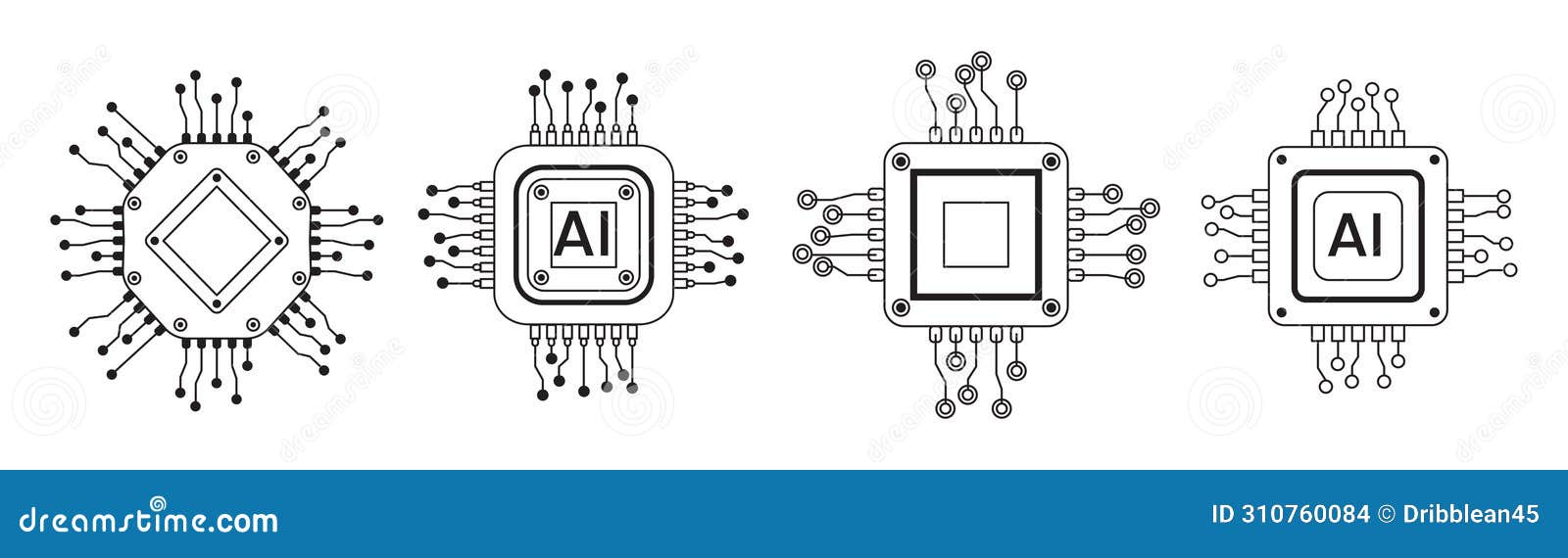 Vector Computer Electronic Chip Line Ai Icons Set Outline Microchip Processor Artificial
