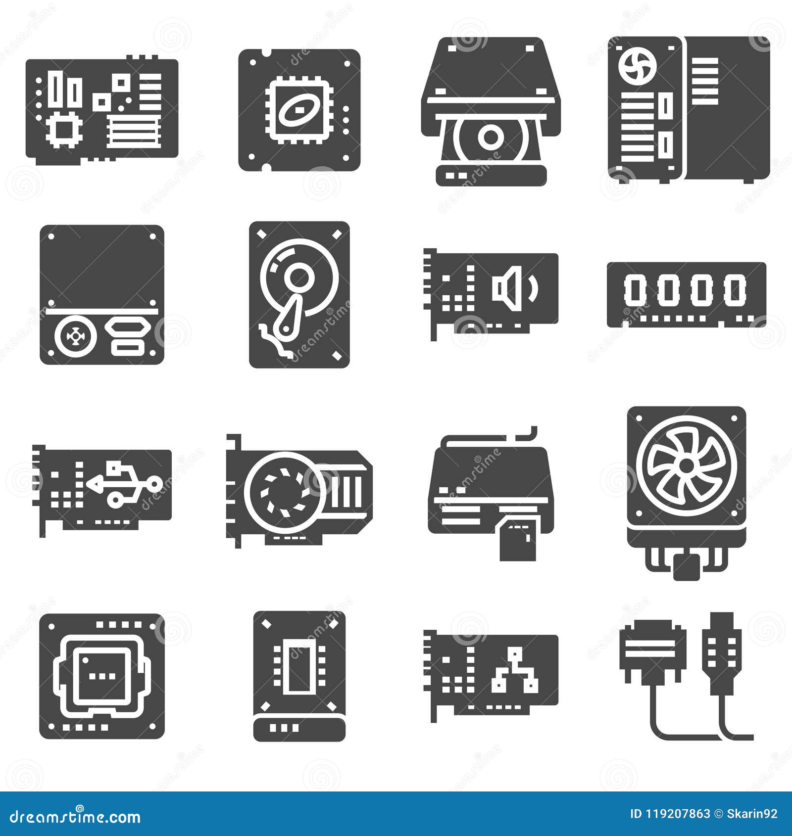 Vector Computer Hardware Icons. PC Components Set Stock Illustration ...