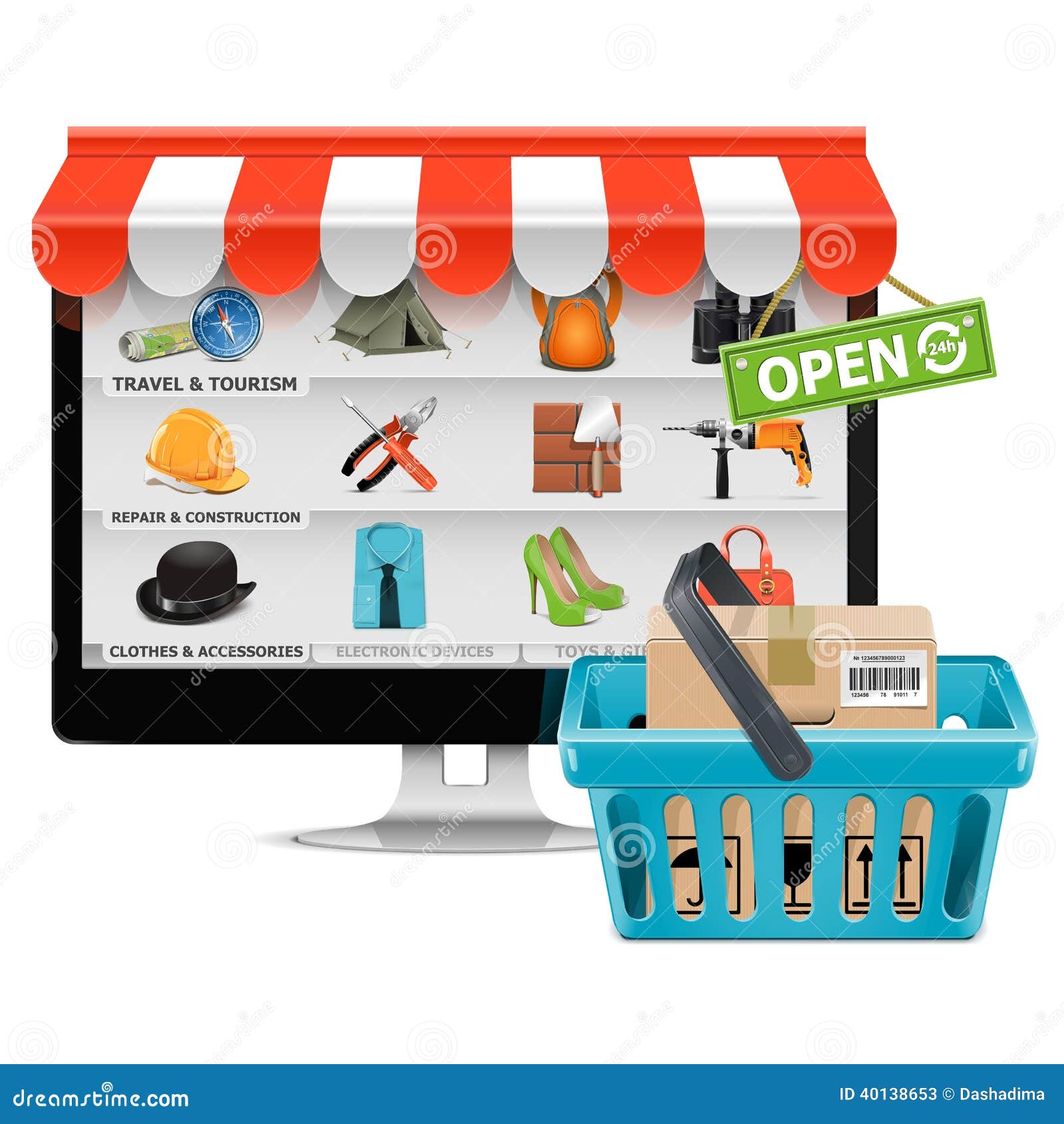 Vector Computer Shop with Basket Stock Vector - Illustration of rack ...