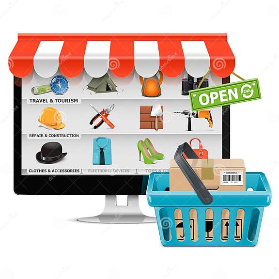 Vector Computer Shop with Basket Stock Vector - Illustration of rack ...