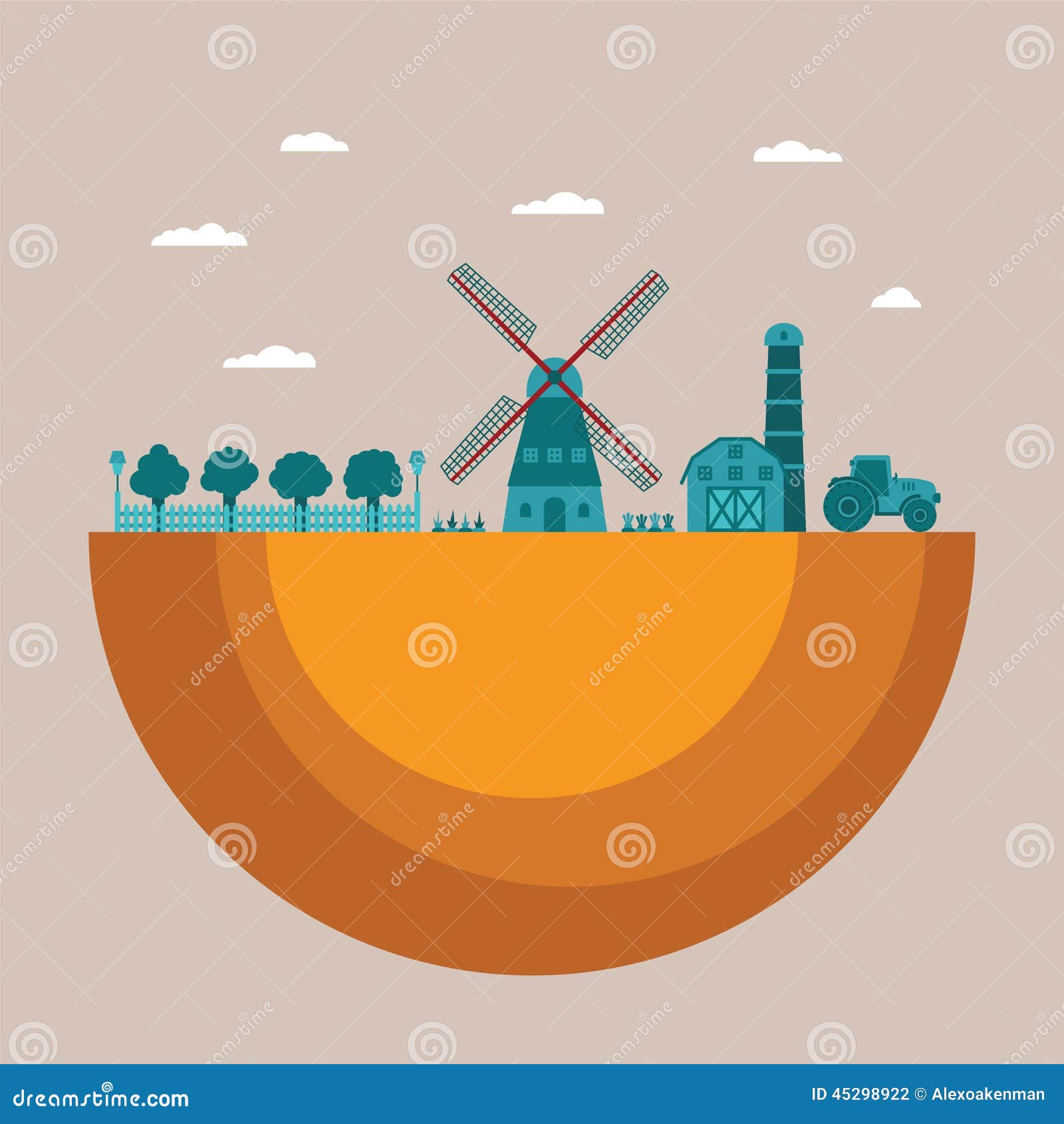 Vector Concept of Farming Process with Garden Mill Barn and Tractor ...