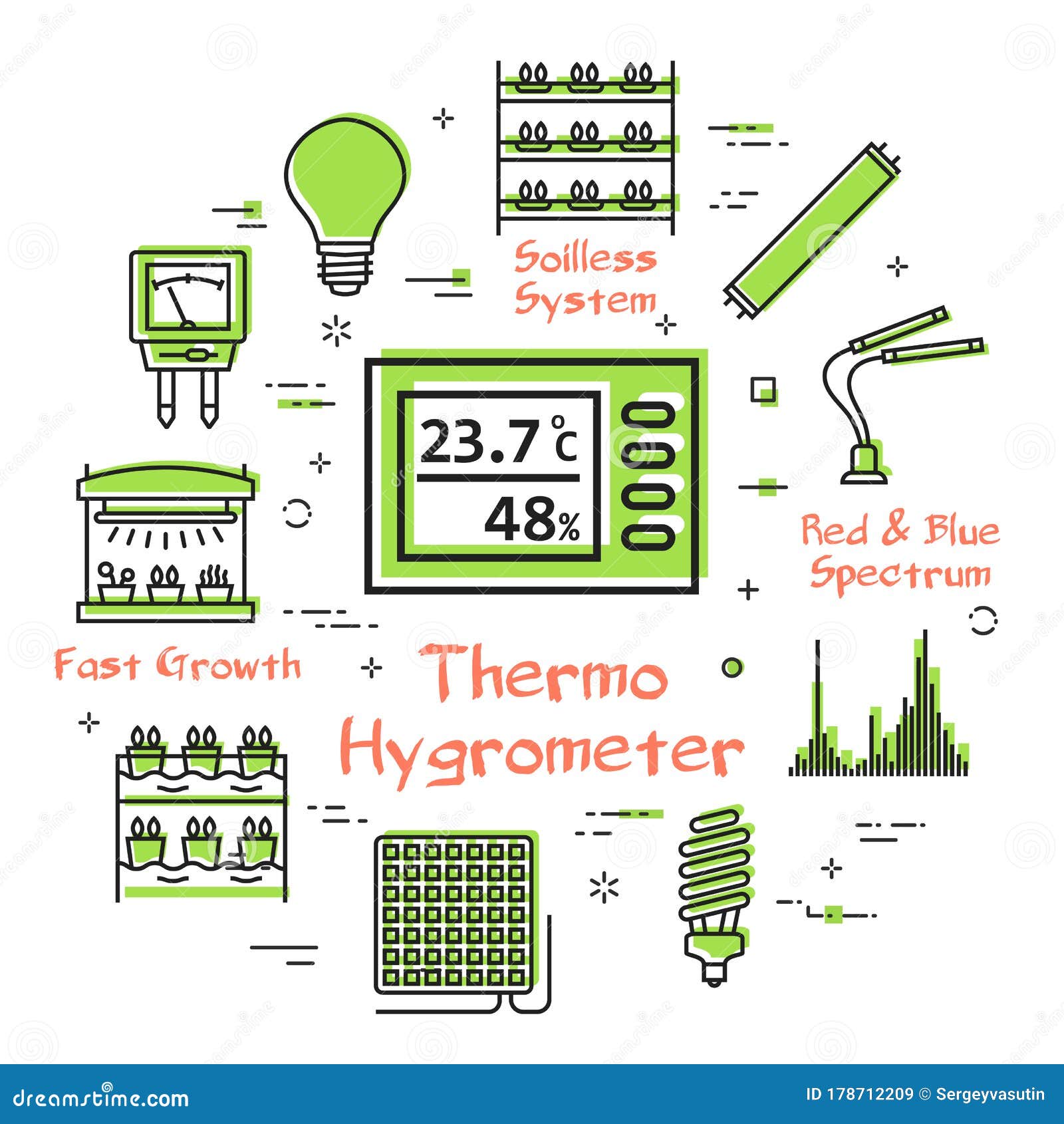Vector Concept of Hydroponic and Growth Led Light - Thermo Hygrometer ...