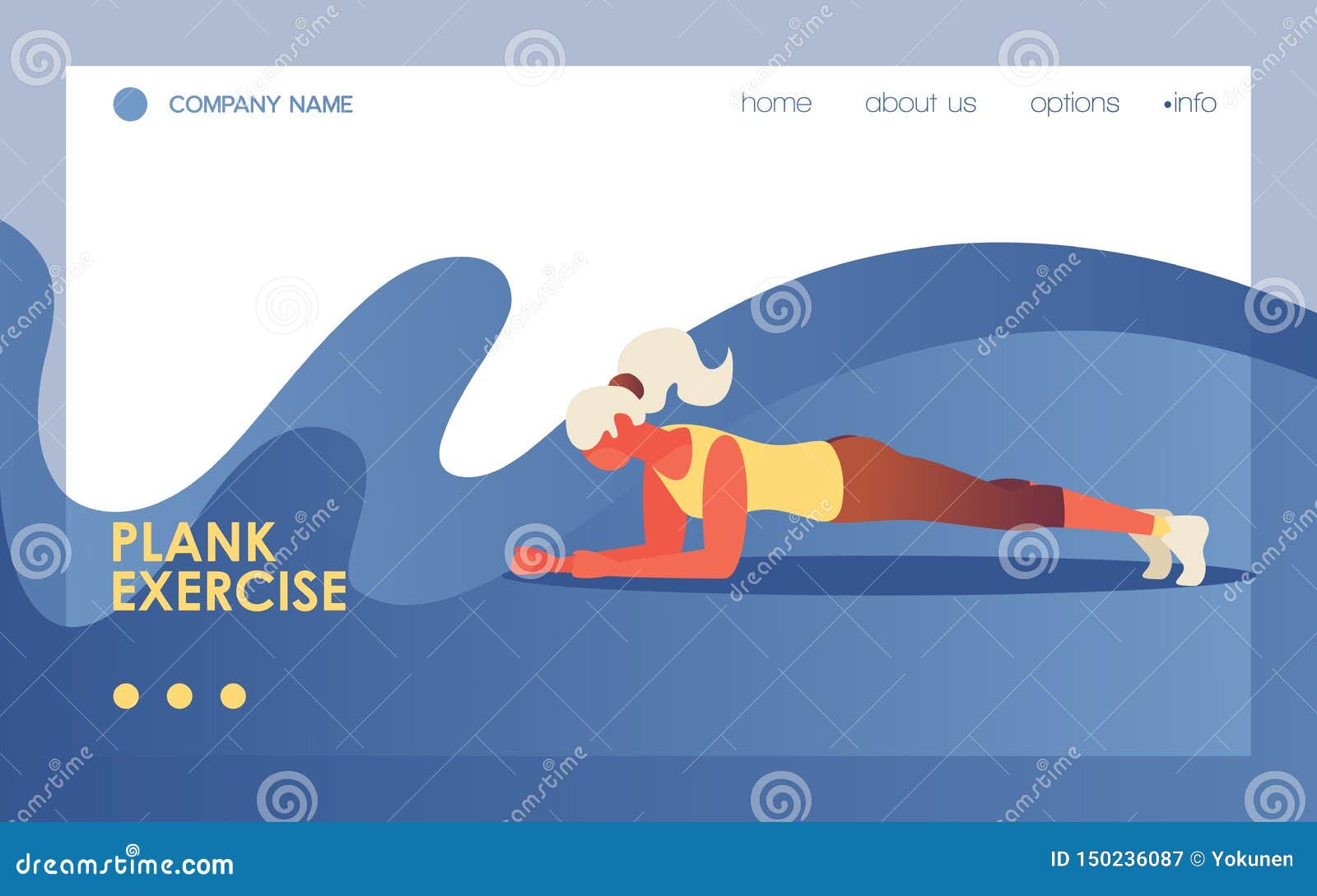 Vector Concept Illustration with Young Girl Doing Plank Exercise. Blue ...