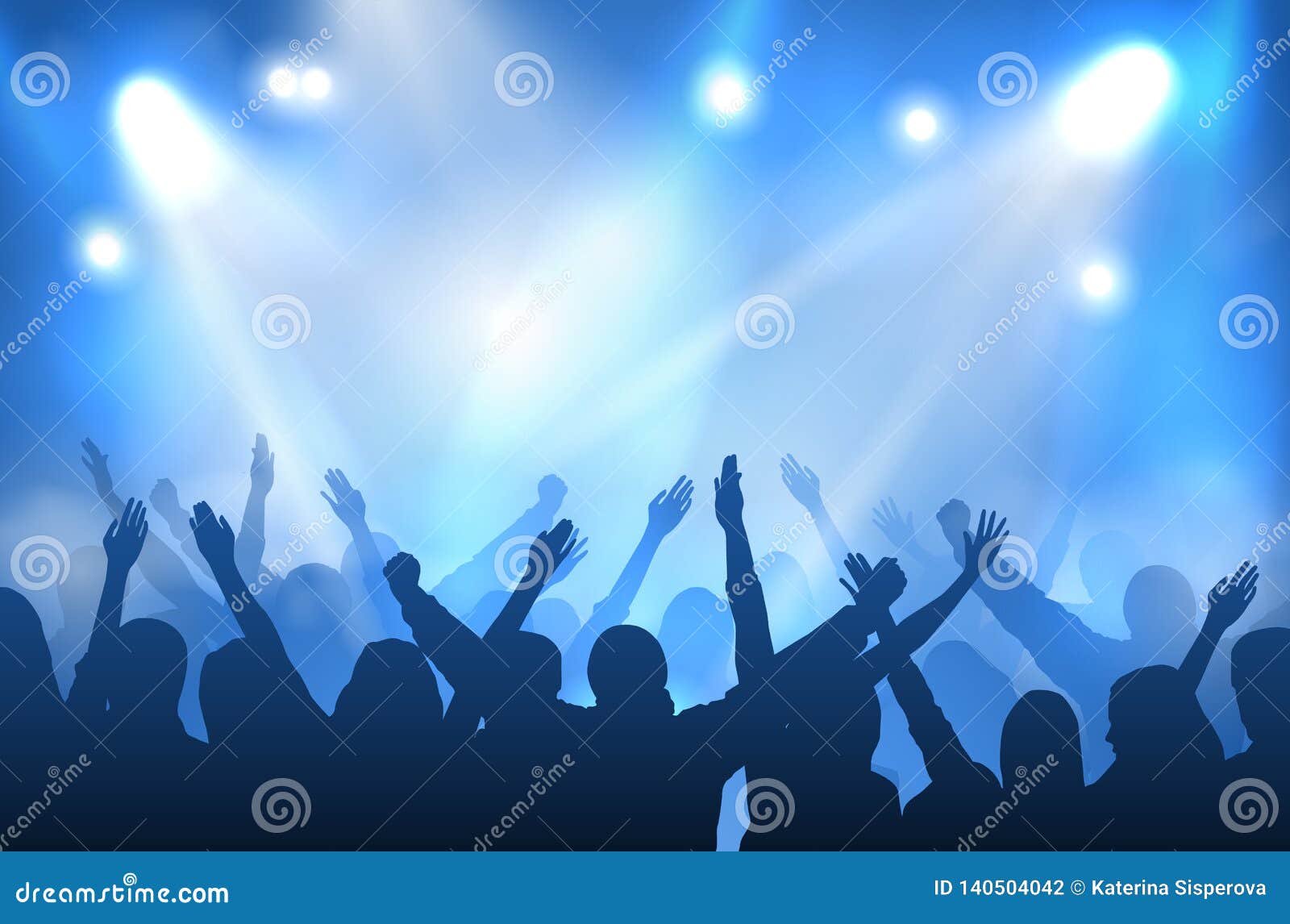 Vector Concert Stage Illuminated with Blue Lights and Silhouettes of ...