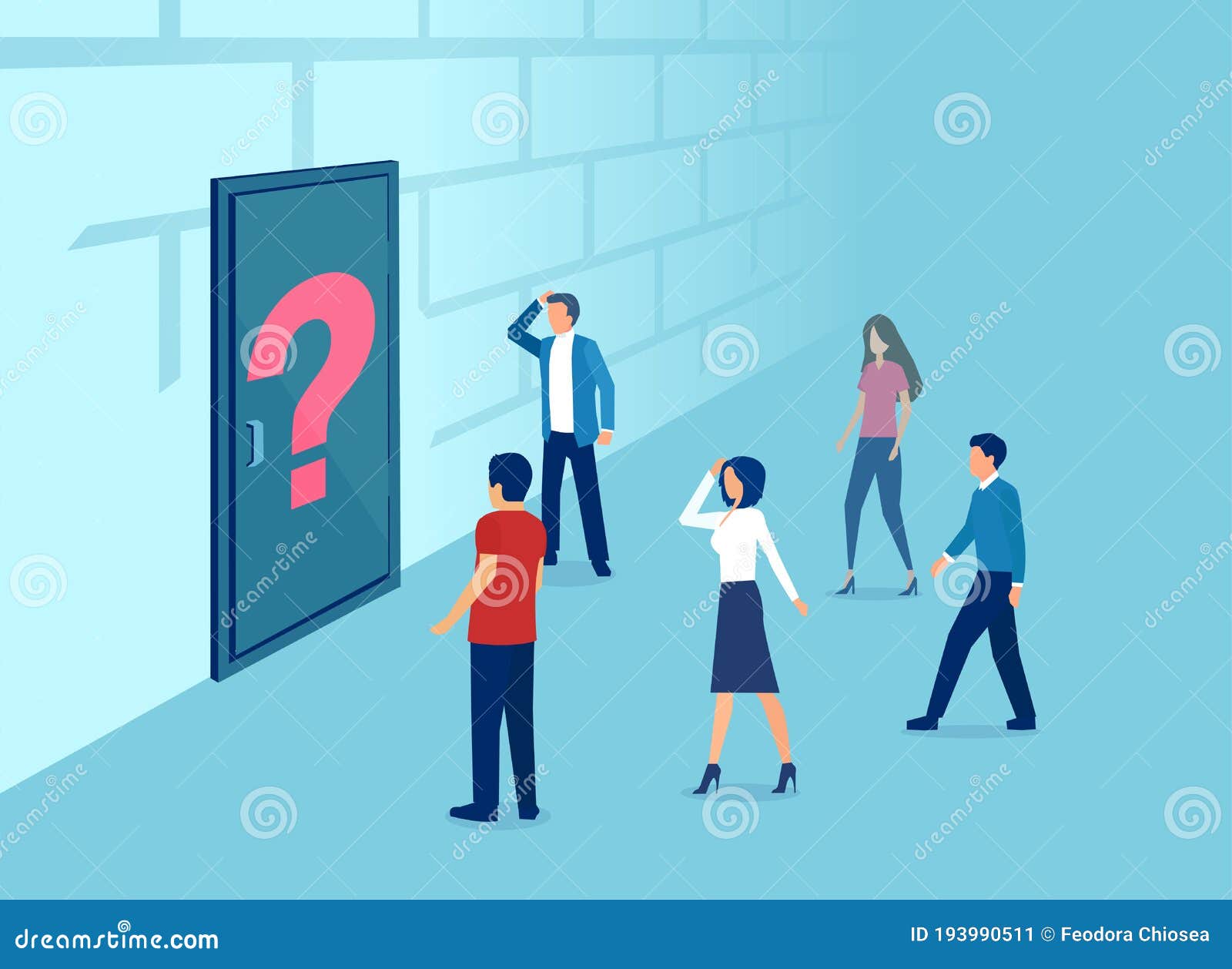 Vector Of Confused People Standing In Front Of A Closed Door With ...