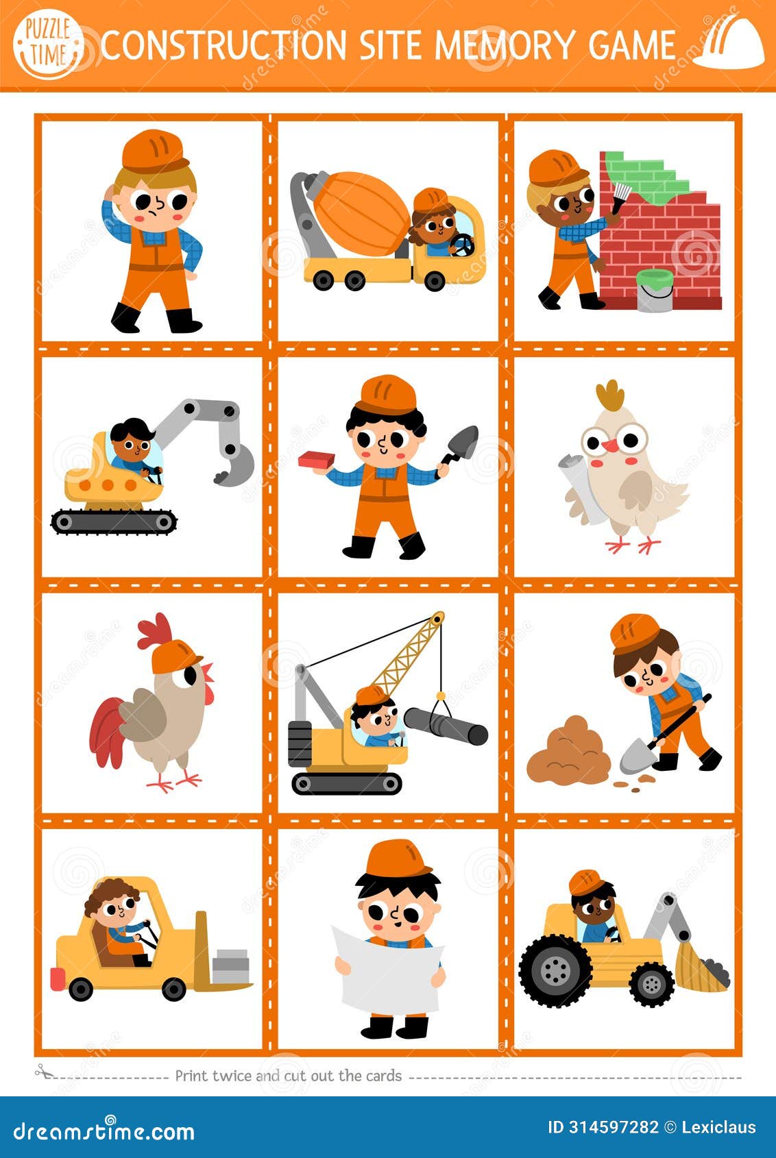 Vector Construction Site Memory Game Cards with Cute Repair Service ...