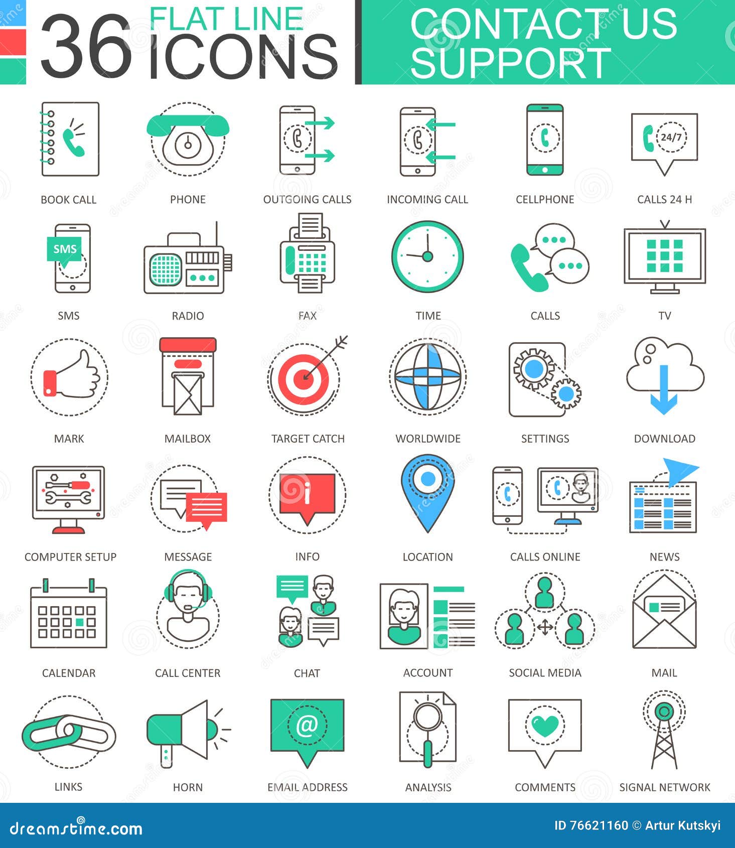 Vector Contact Us Support Modern Color Flat Line Outline Icons for Apps ...