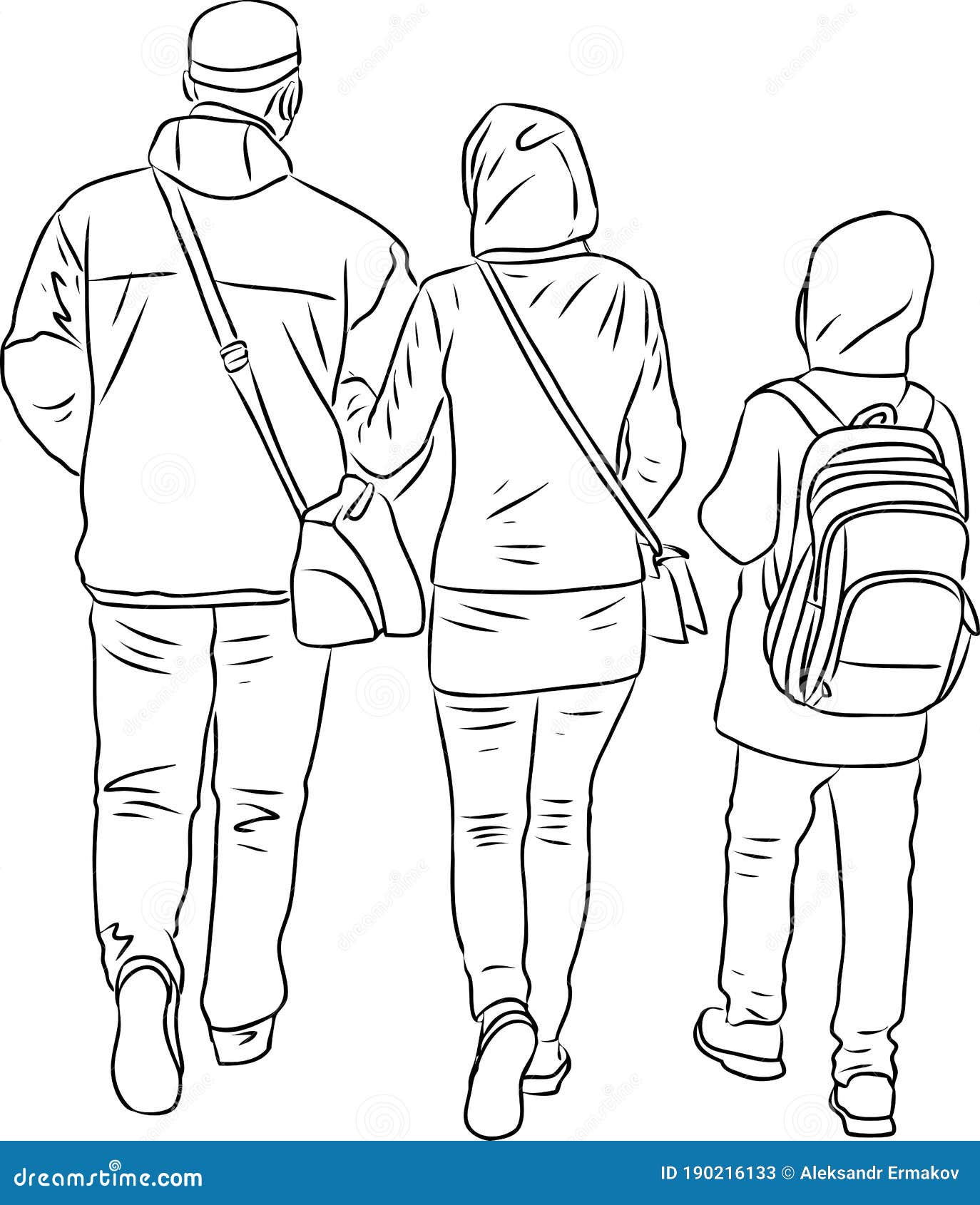Vector Contour Drawing of Family Townspeople Walking Outdoors Stock ...