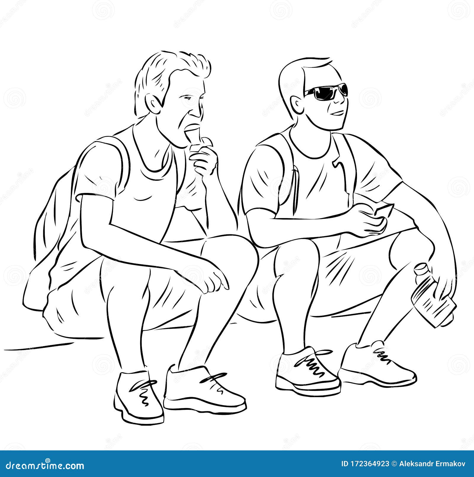 Vector Contour Drawing of Tourists Sitting and Resting during a Walk ...