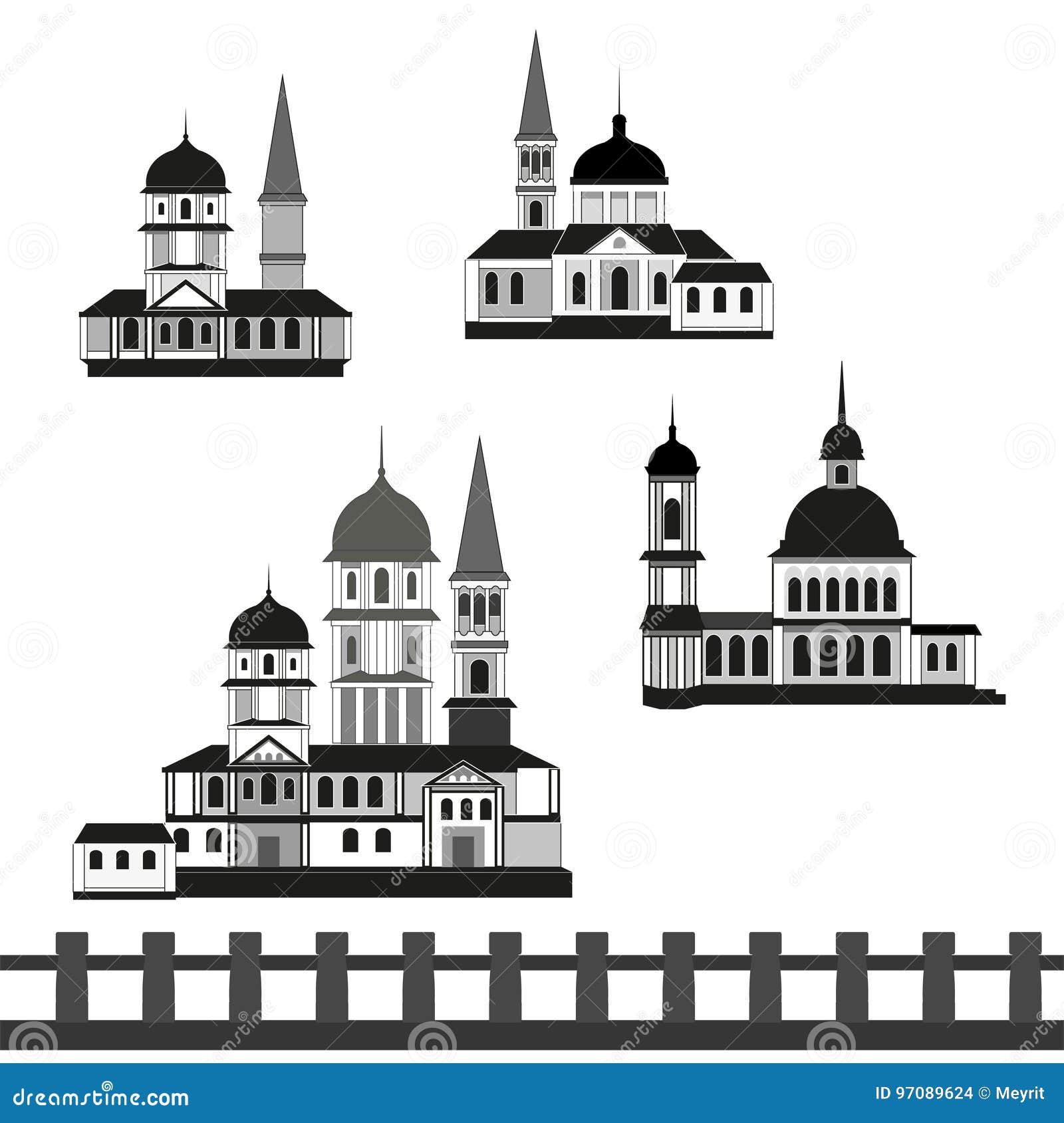 Set Of Four Buildings Types Hand Drawn Cartoon Illustration ...