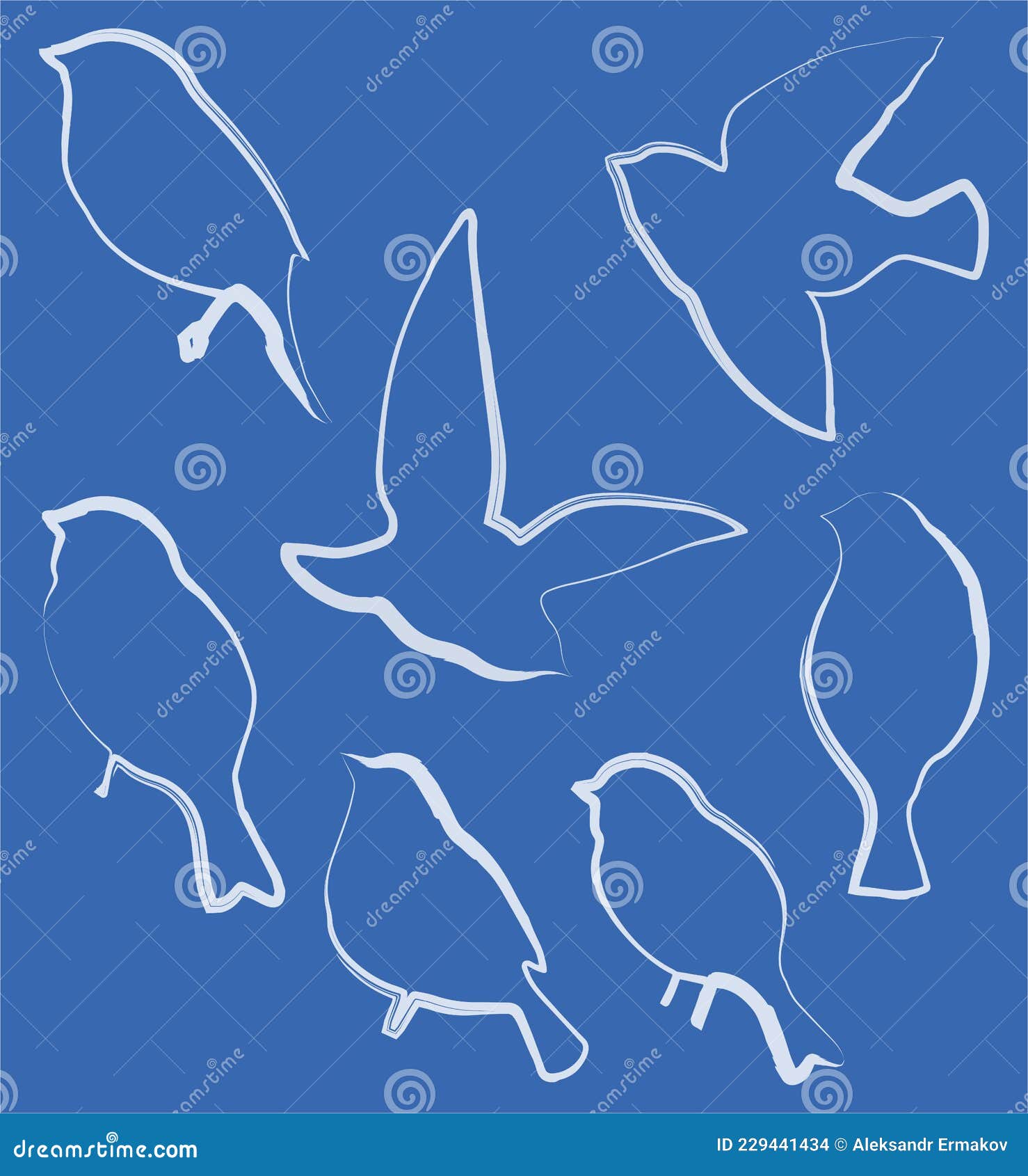 Vector Contour Textured Brush Drawing Of Set Silhouettes Abstract Birds ...