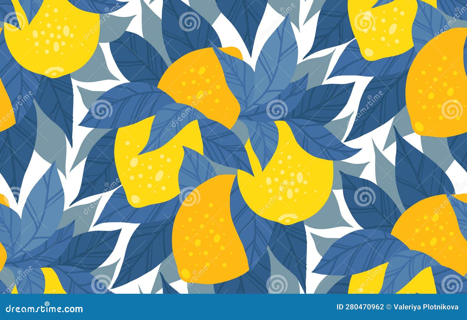 Vector Contrast Seamless Pattern with Bunch of Lemons and Blue Foliage ...