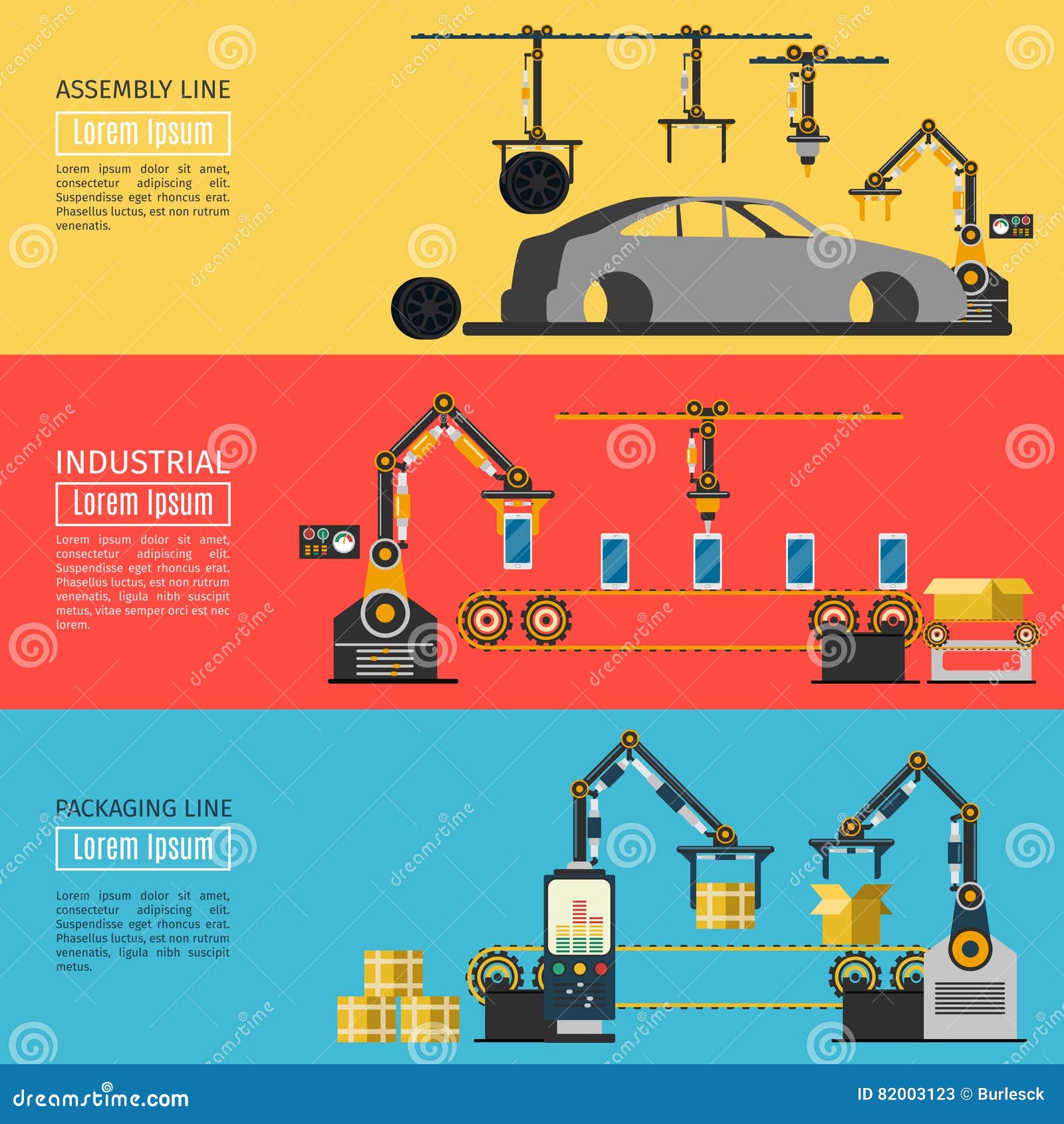 Vector Conveyor Horizontal Banners. Industrial Automation Robotic Hands ...