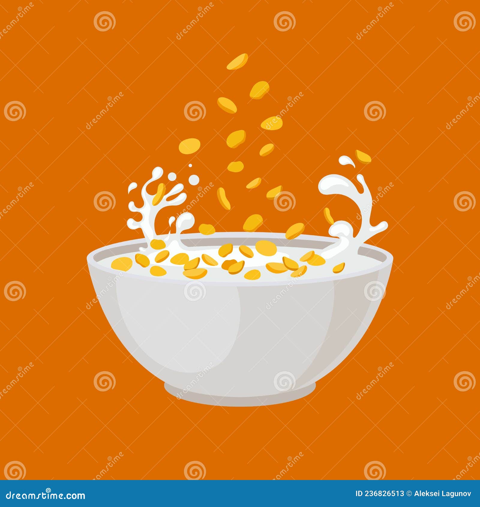 Vector Corn Flakes Cartoon, Bowl with Corn Flakes and Falling Flakes on ...