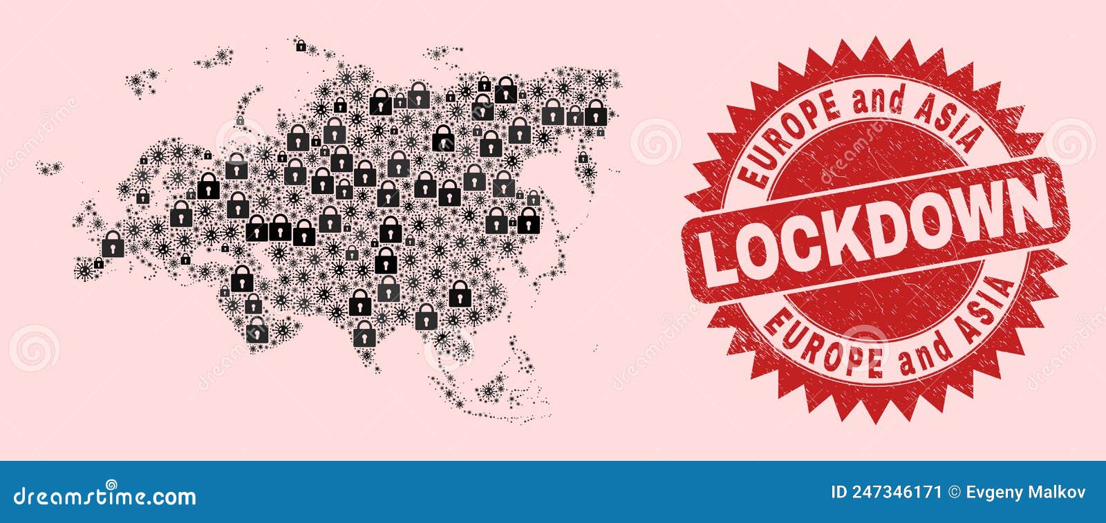 Europe and Asia Map Collage of Locks and Viruses and Scratched Lockdown ...