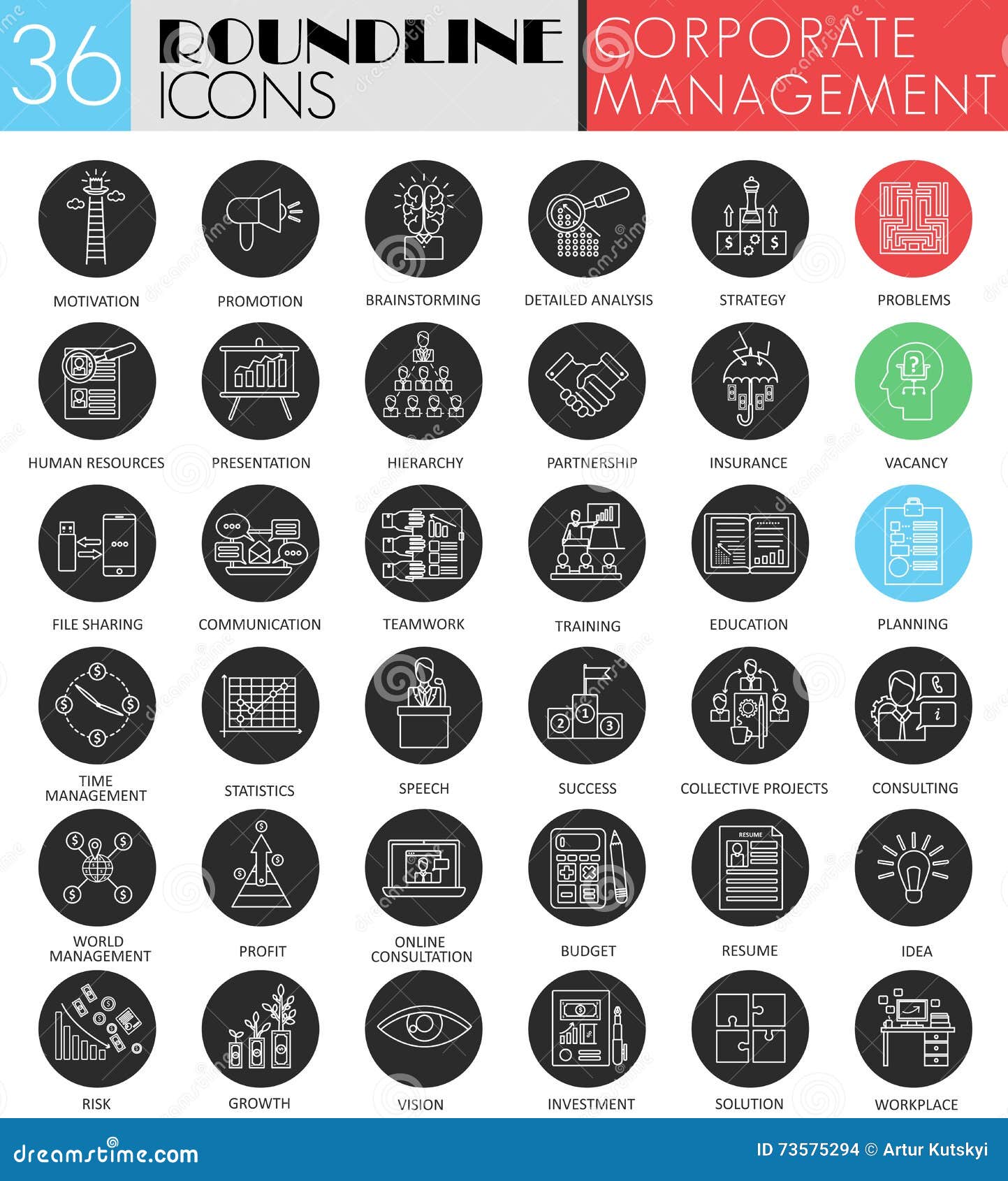 Vector Corporate Management Circle White Black Icon Set. Stock Vector ...