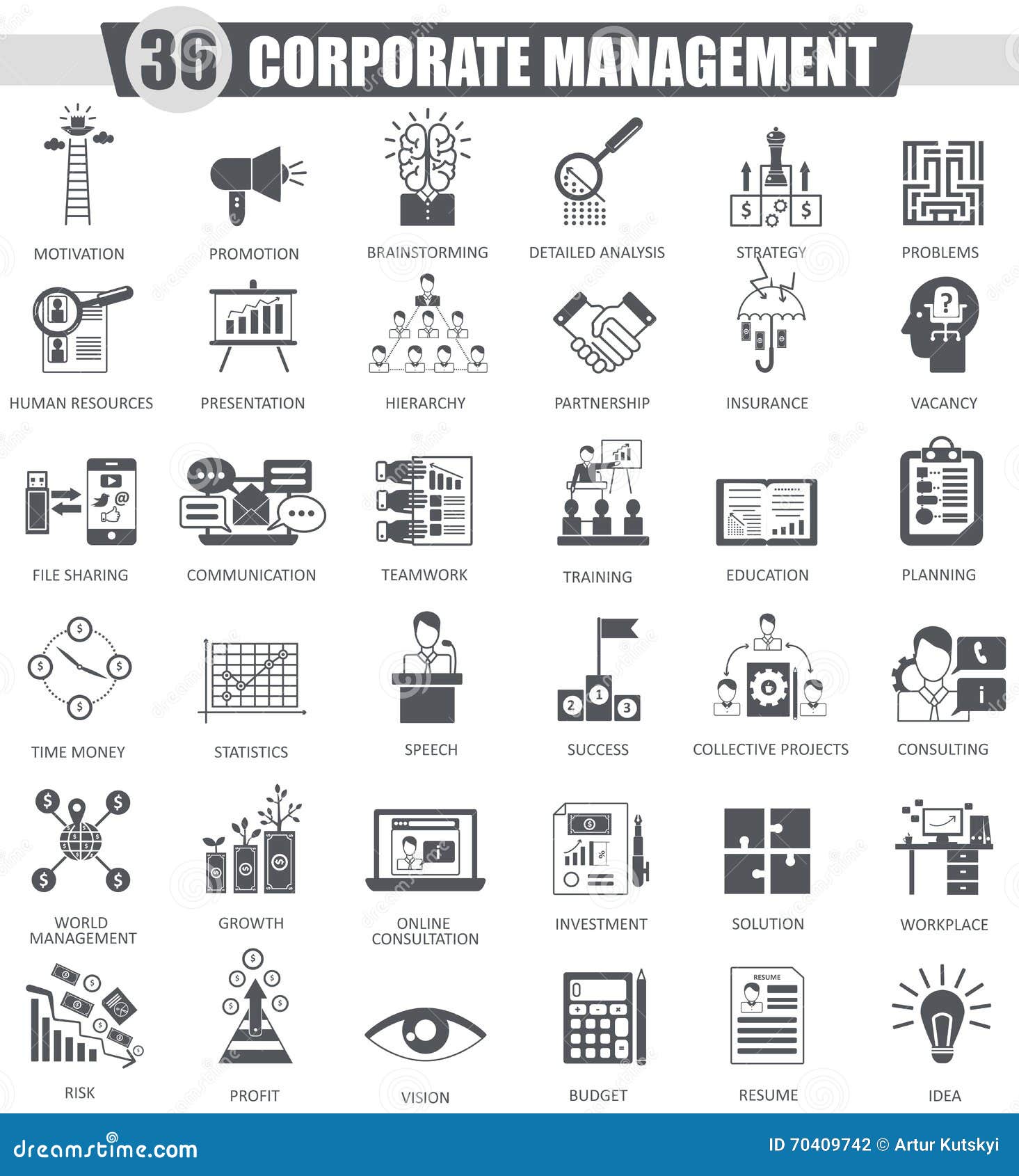 Vector Corporate Managment Black Icon Set. Dark Grey Classic Icon ...