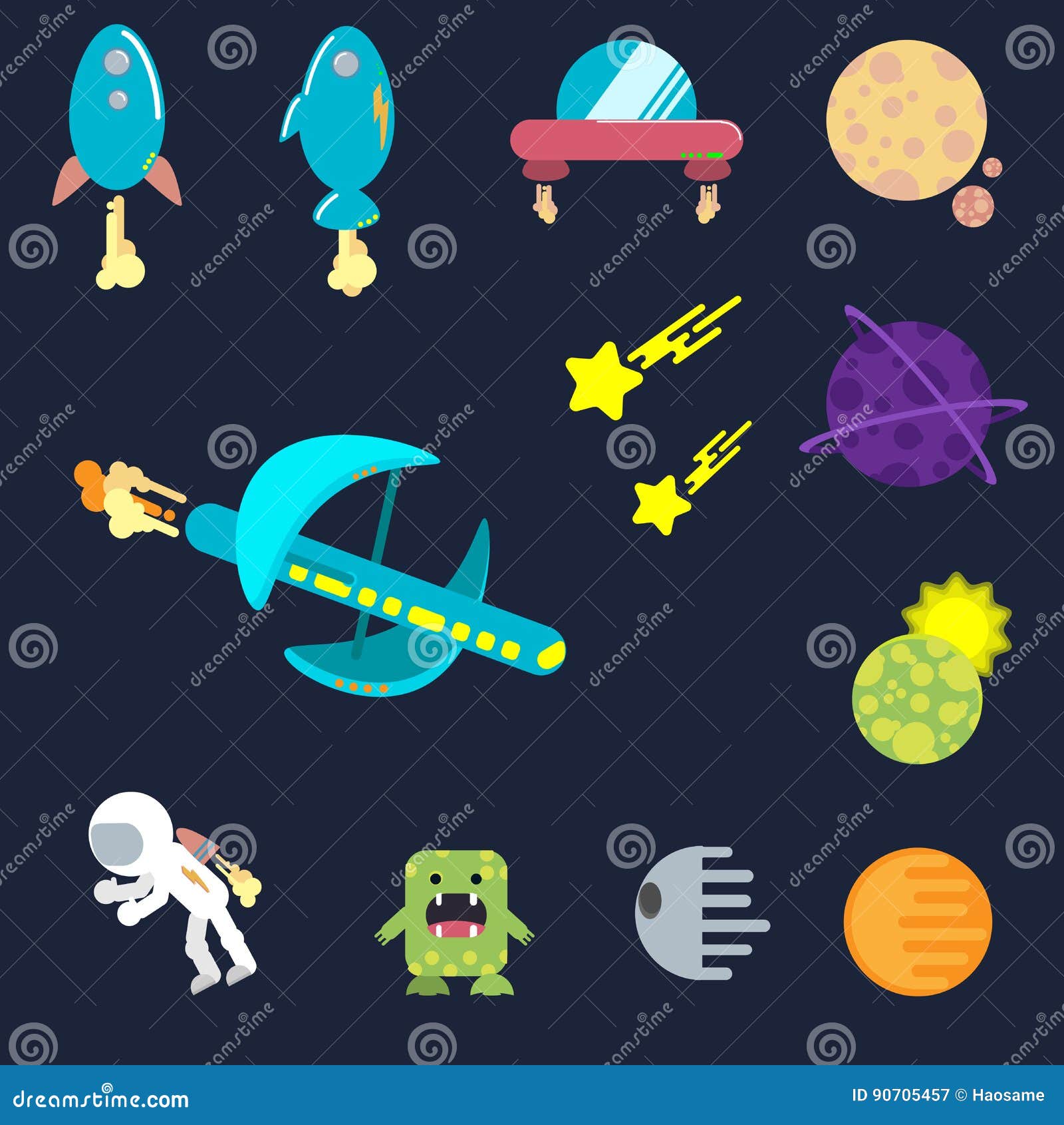 Vector Cosmic Set: Spaceship, Planets, Alien and Astronaut. Stock ...