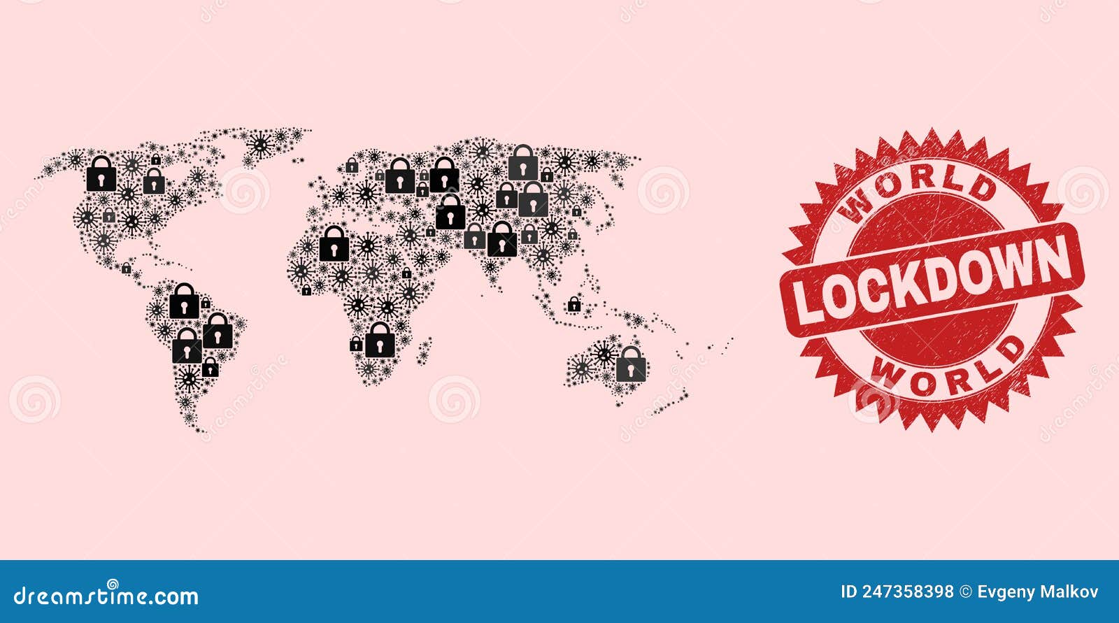 World Map Collage with Locks and Viral Items and Distress Lockdown Seal ...