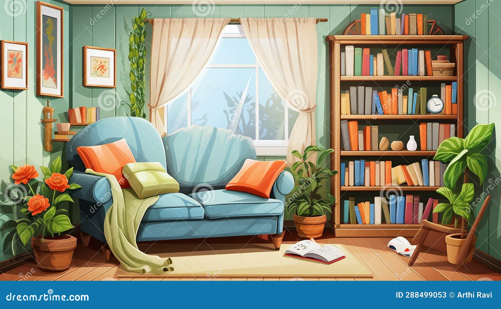 Vector Cozy Room Interior with Bookcase Stock Illustration ...
