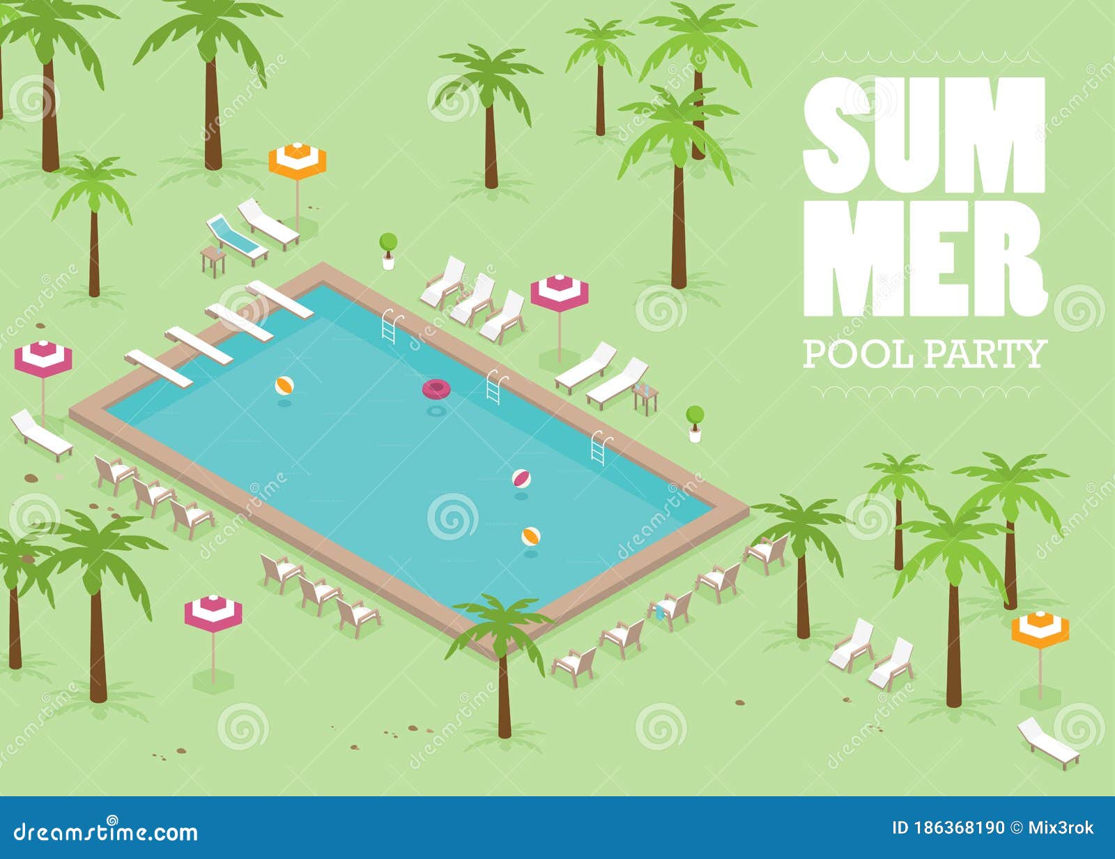 Vector Creative Concept Design On Isometric Swimming Pool With Chaise