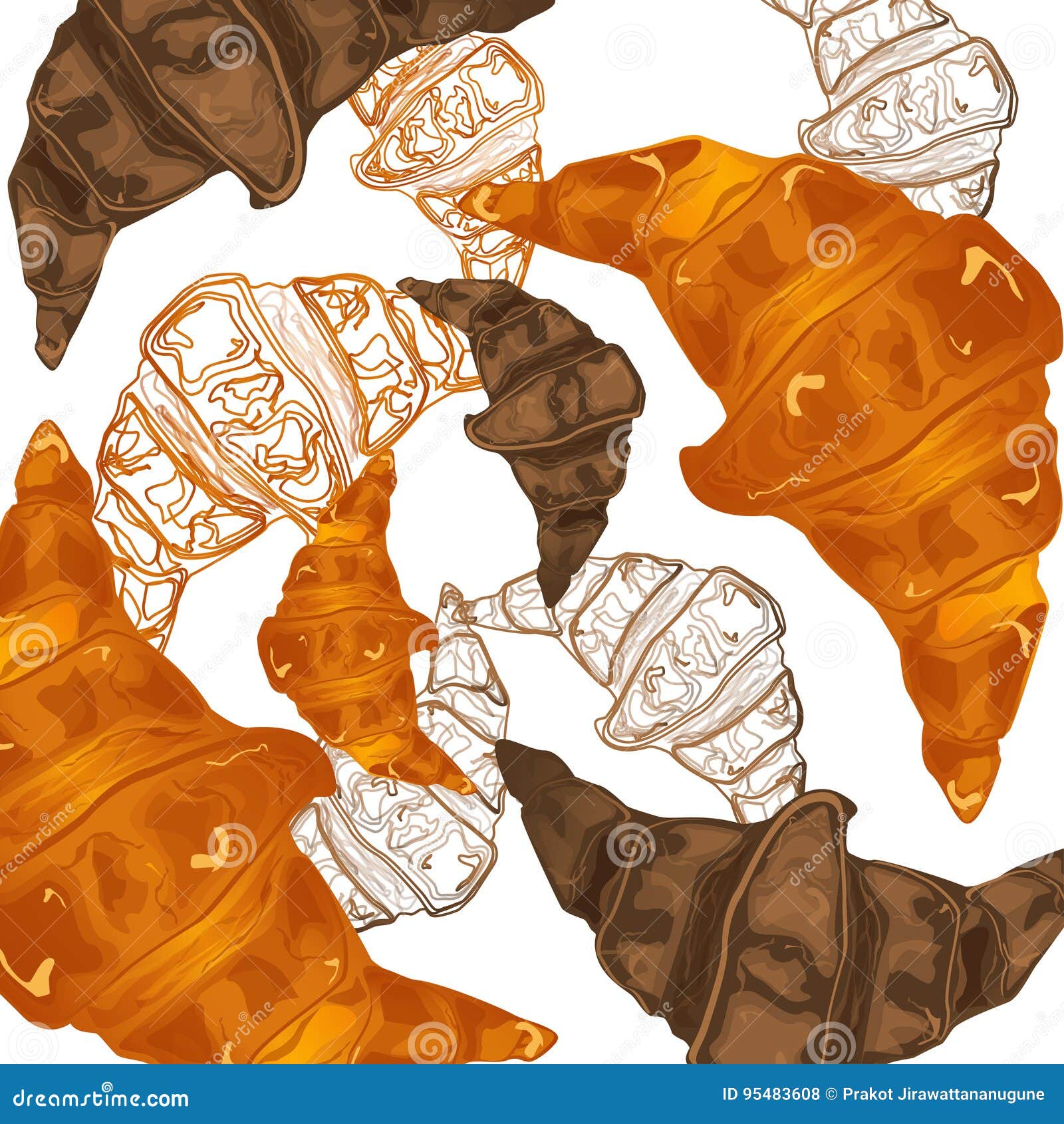 Croissant, Bun And Bread Isolated On White. Outline Drawing For Grocery ...