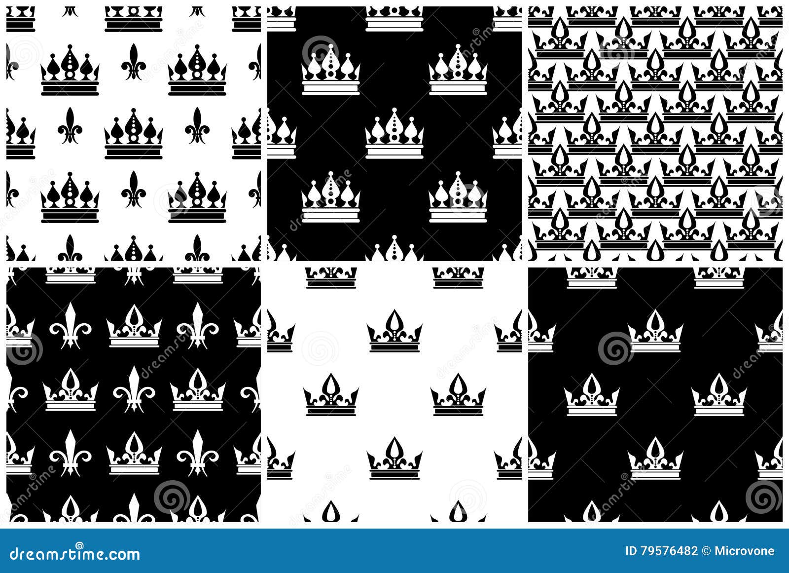 Vector Crowns Seamless Patterns Set in Black and White Stock Vector ...