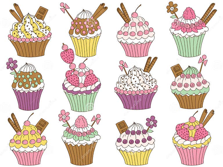 Vector Set Of Various Cupcakes Decorated With Berries Flowers And