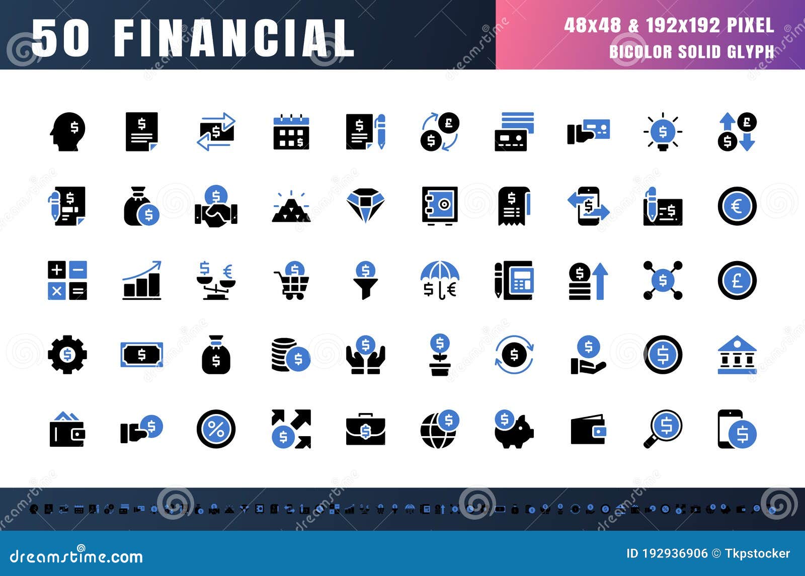 Vector of 50 Currency FInancial Balck and Blue Solid Glyph Icon Set ...