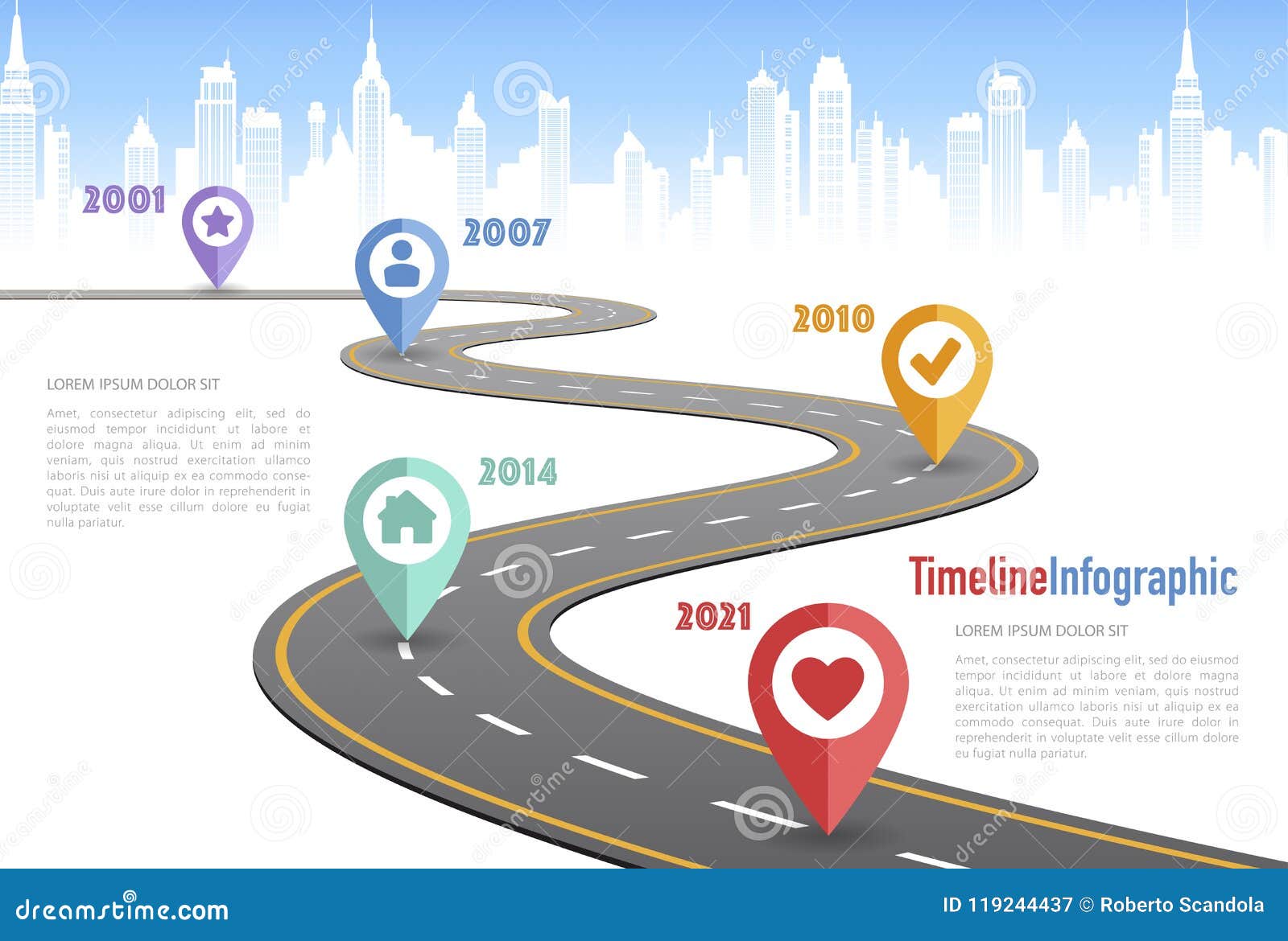 Road Map Timeline Infographic Template With 5 Colorful Pin Pointers On ...