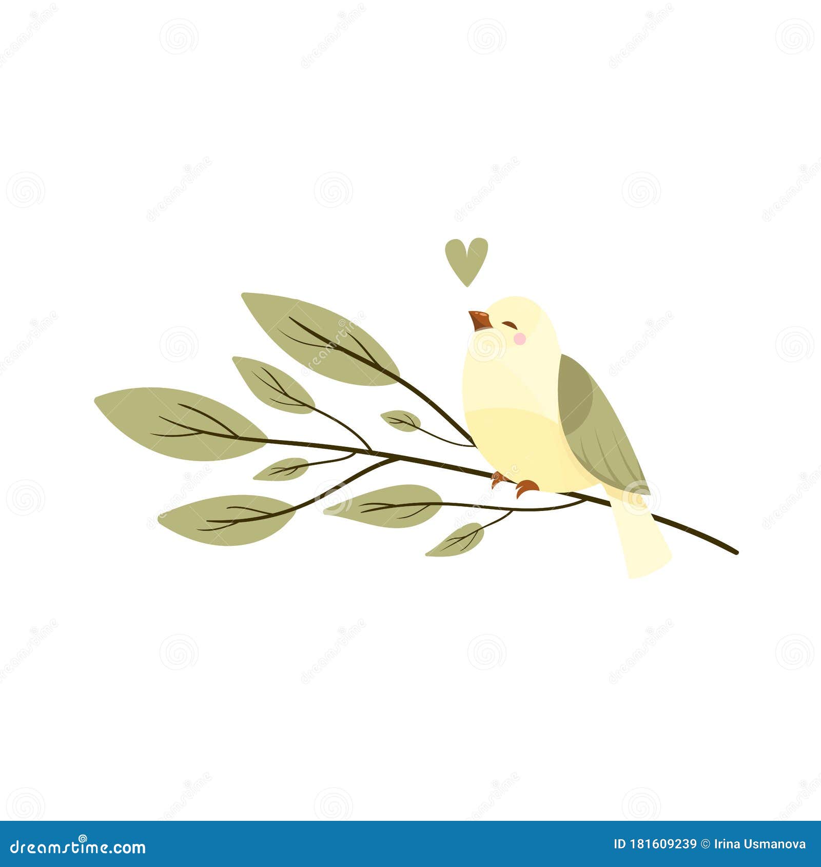 Vector Cute Bird on the Branch Isolated on White Background Stock ...
