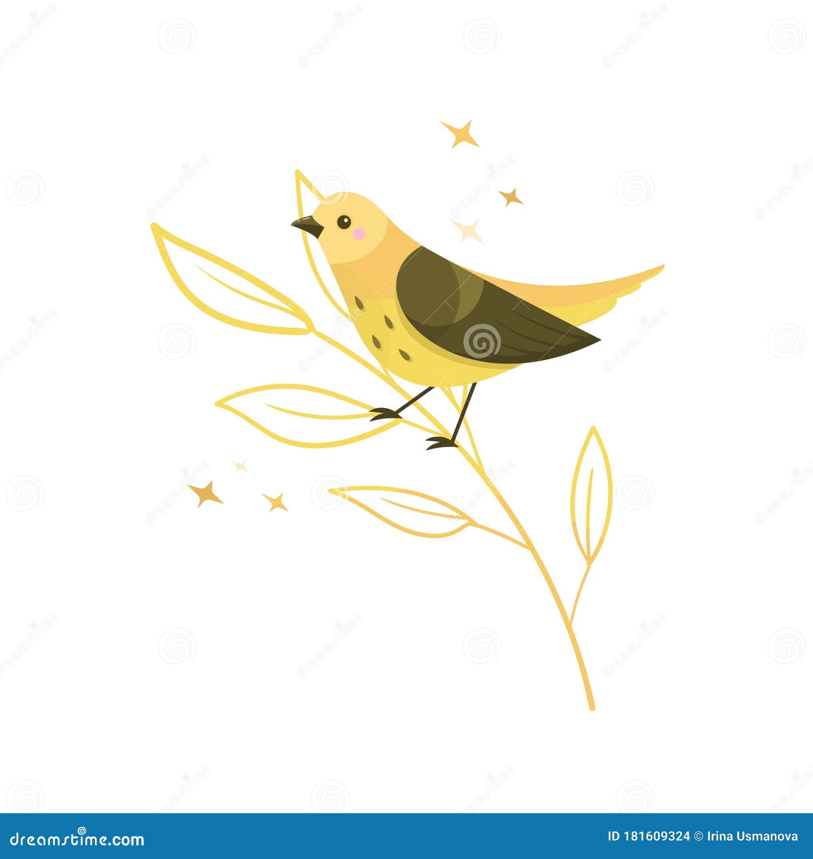 Vector Cute Bird on the Branch Isolated on White Background Stock ...