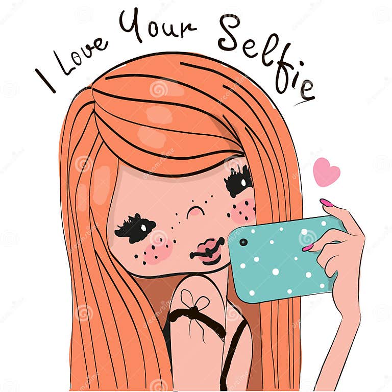 Vector Cute Cartoon Girl Makes Selfie Stock Vector Illustration Of