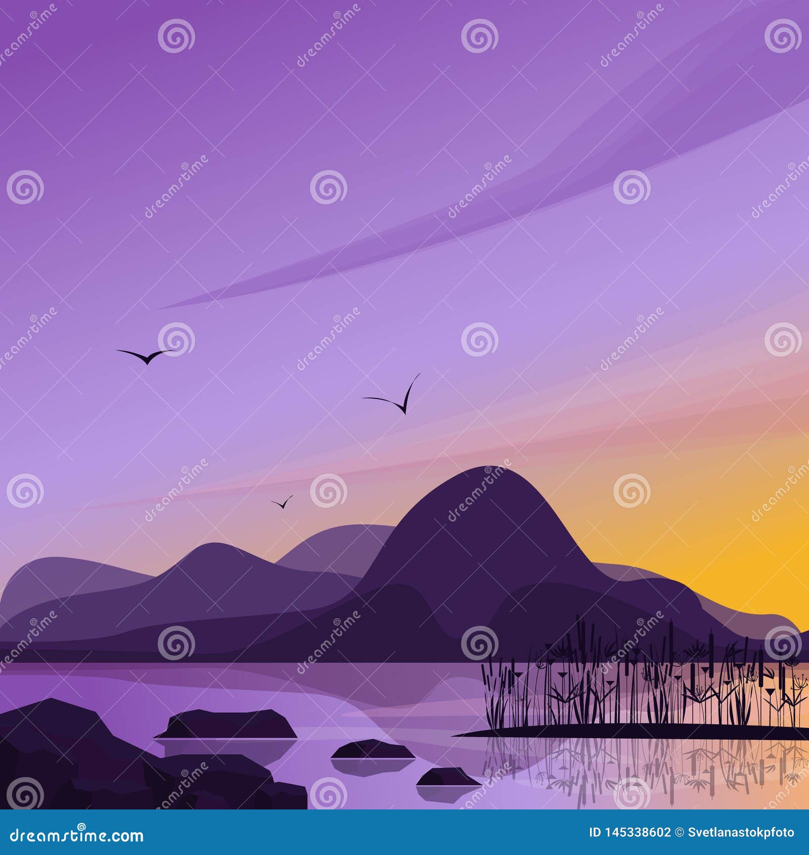 Cute Flat Landscape Illustration with Mountain and Lake. Water Stream ...