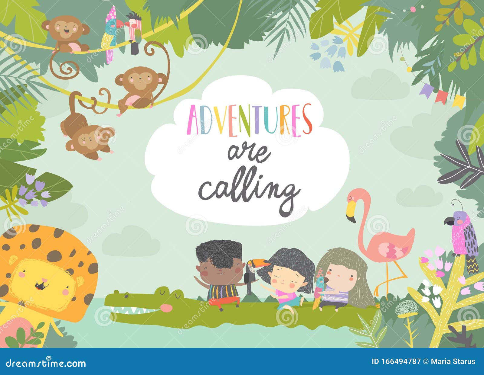 Cute Frame Composed of Cartoon Kids Traveling with Animals Stock Vector ...