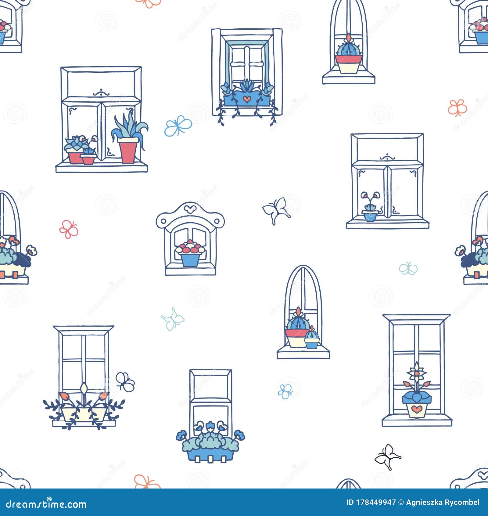 Vector Cute Hand Drawn Window with Florals Seamless Pattern Background ...