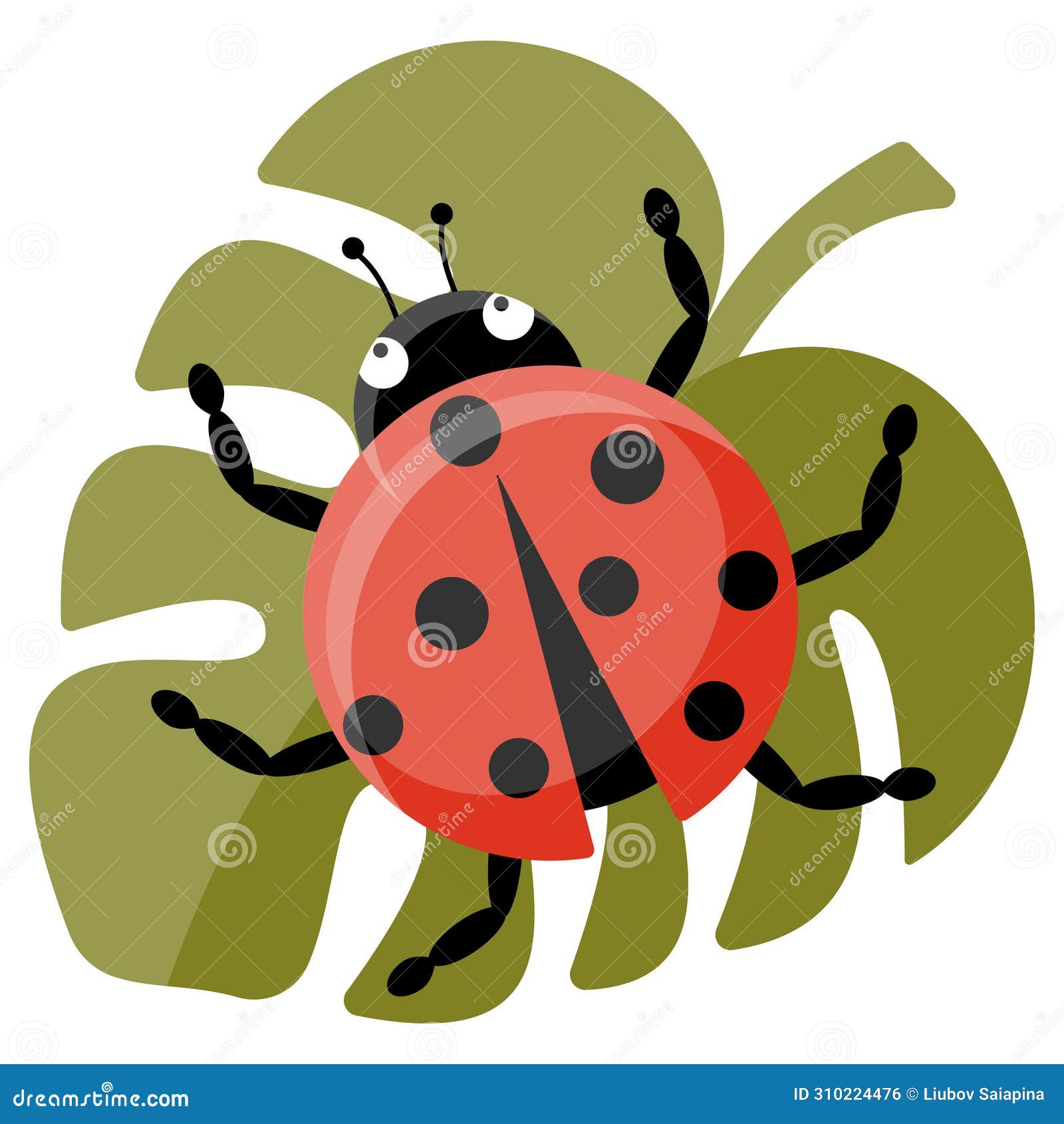 Vector Cute Ladybug Sitting on a Leaf Cartoon Illustration for Postcard ...