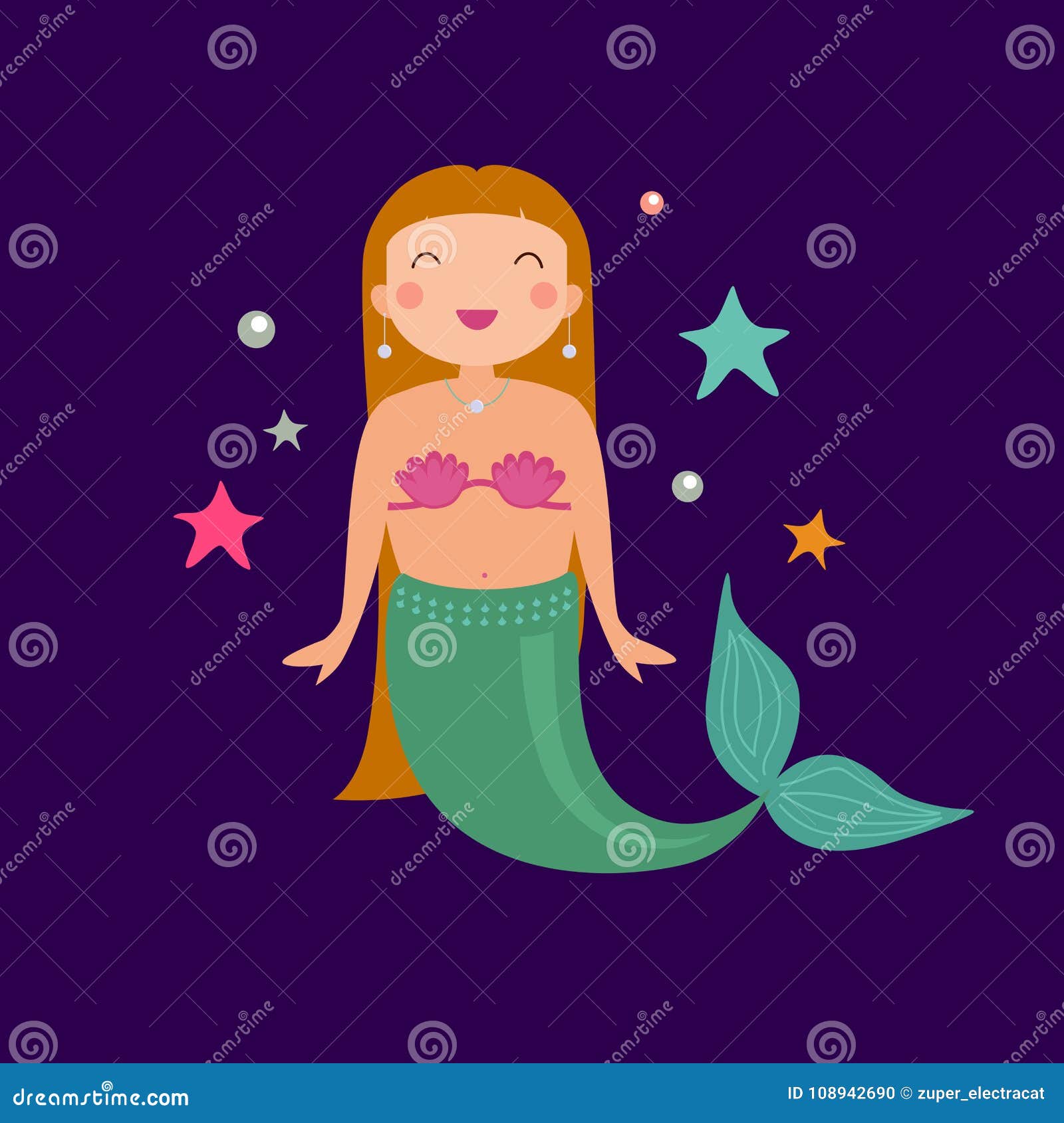 Vector Cute Poster with Mermaid. Cartoon Magic Illustration Stock ...