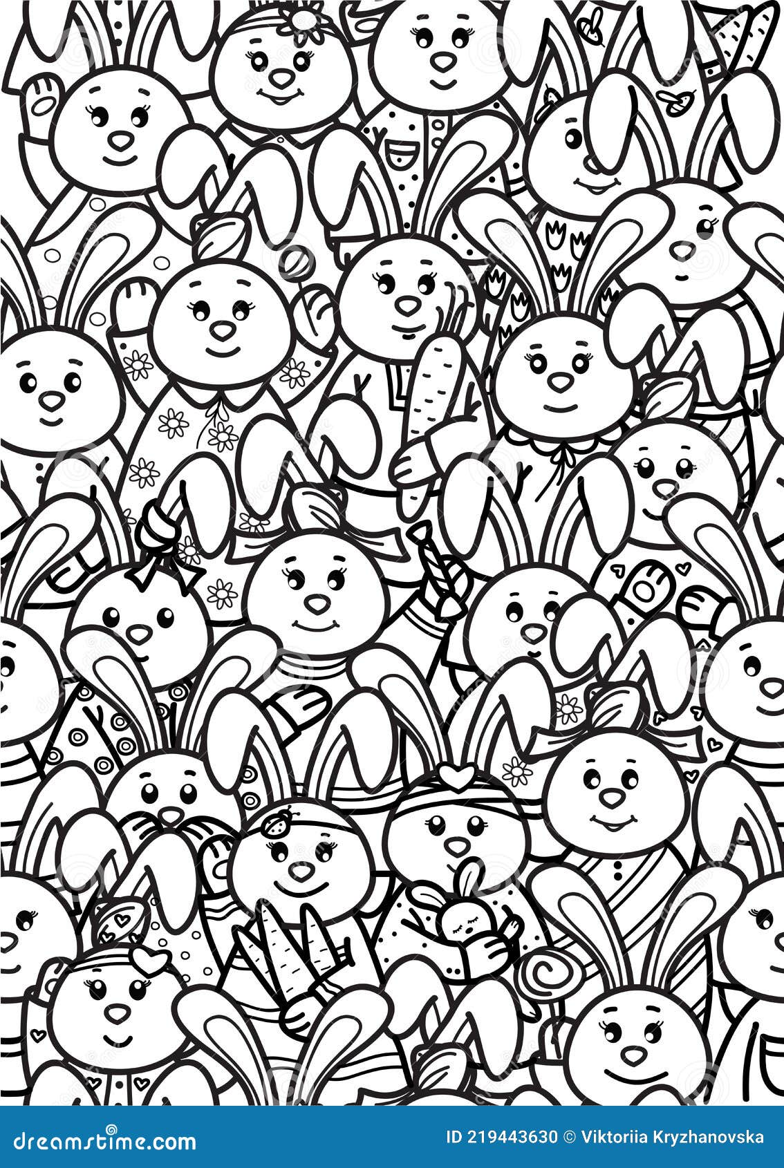 Vector Cute Rabbits Cartoons, Coloring Page. Seamless Pattern of ...