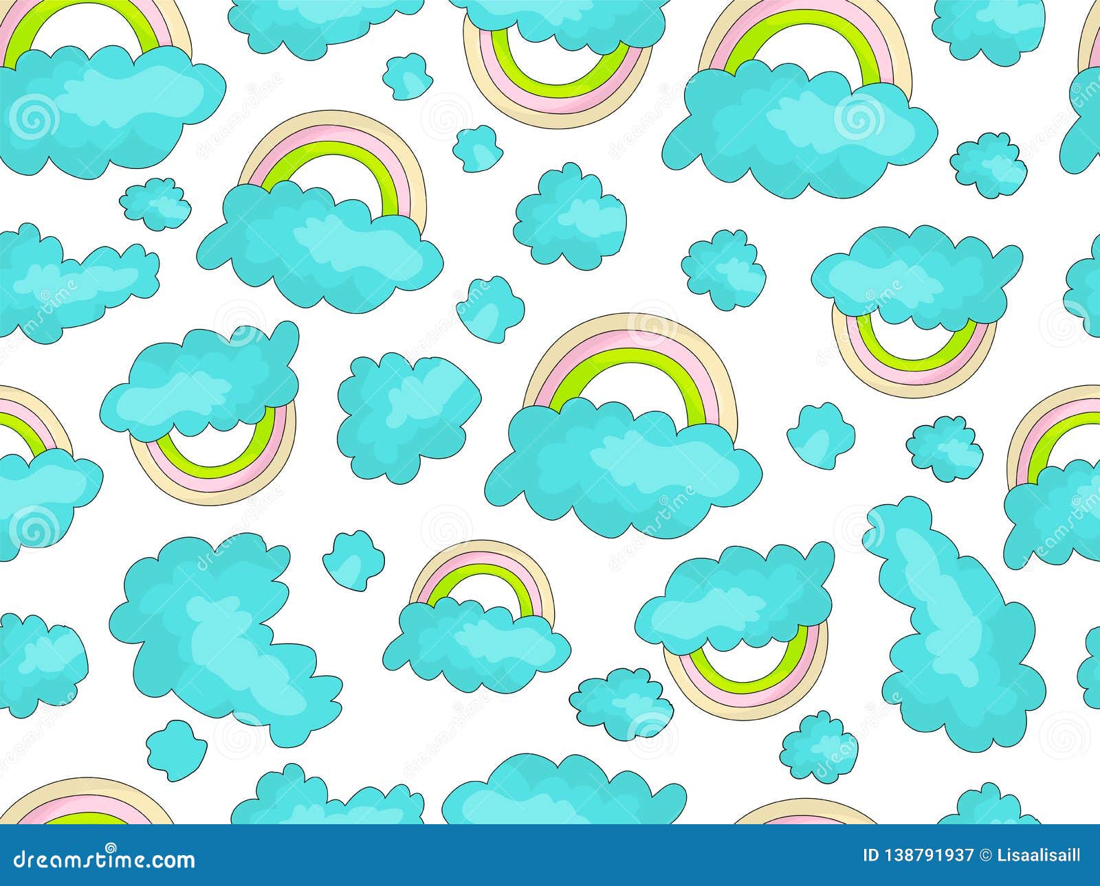 Vector Cute Rainbow Seamless Pattern with Colorful Rainbows and Blue ...