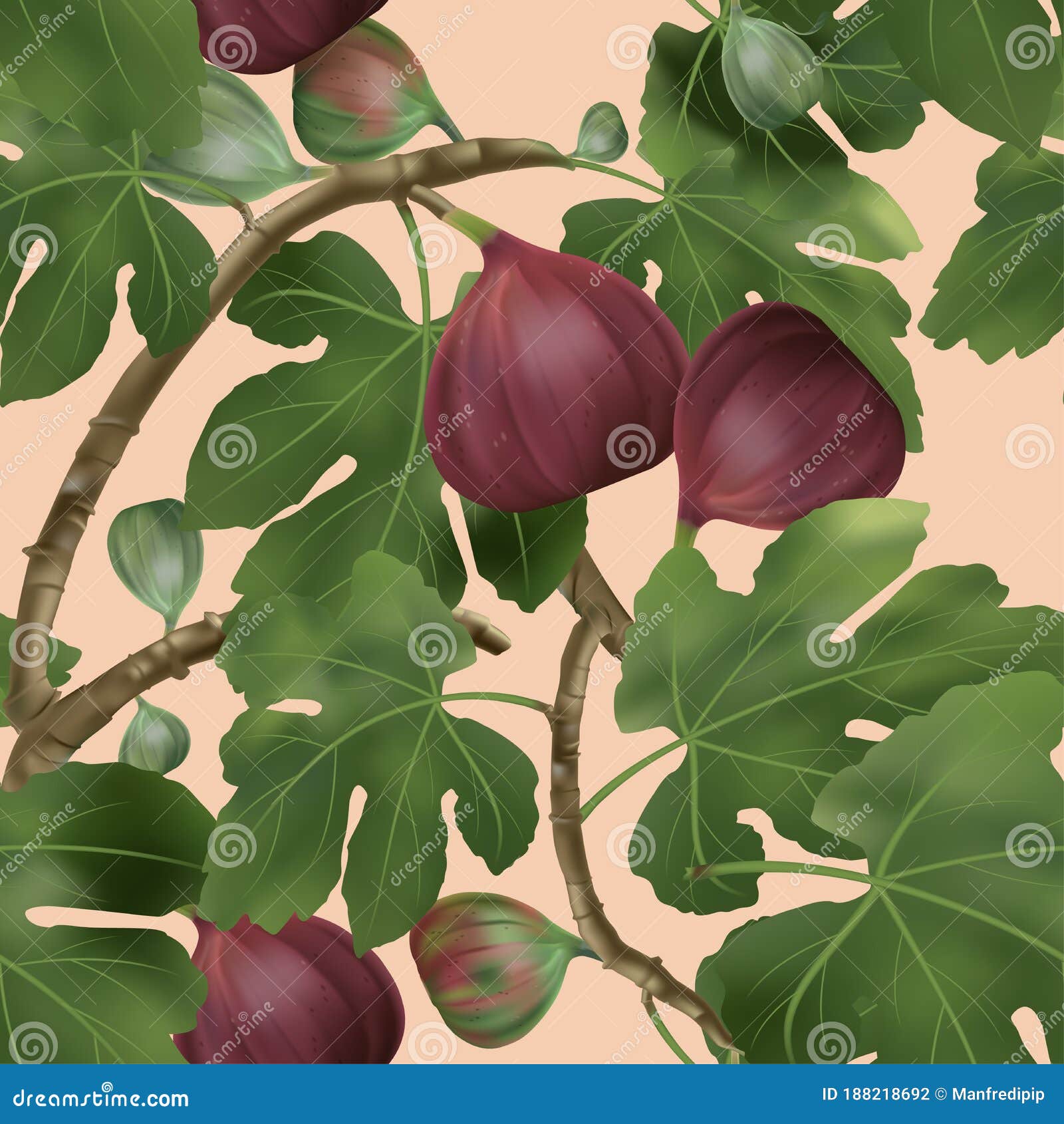 Vector 3D Illustration Common Fig Tree Seamless Pattern in Coral Stock ...